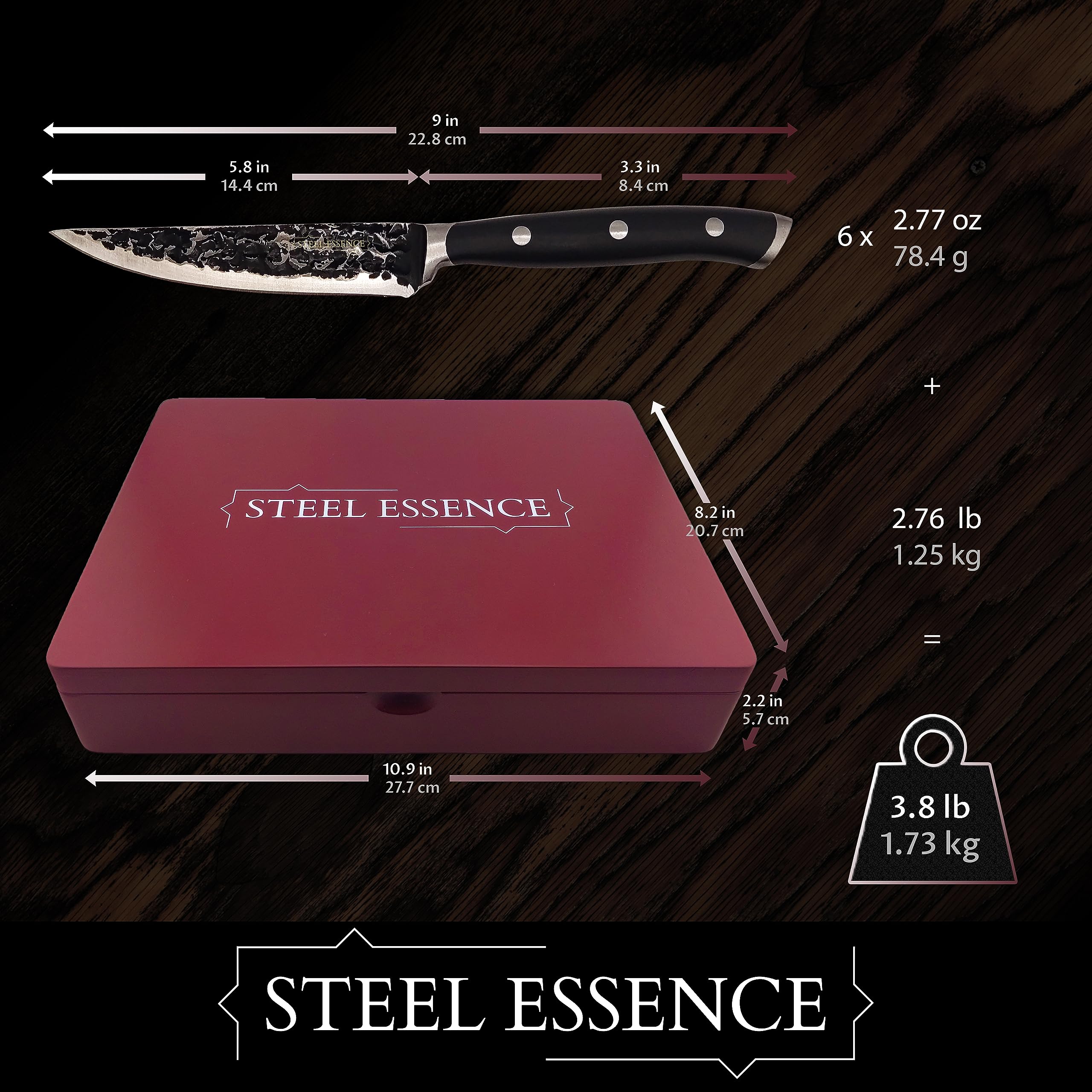 STEEL ESSENCE Premium Steak Knives Set of 6 with Unique Black Pattern - Gift Set | Stainless Steel Steak Knife Set