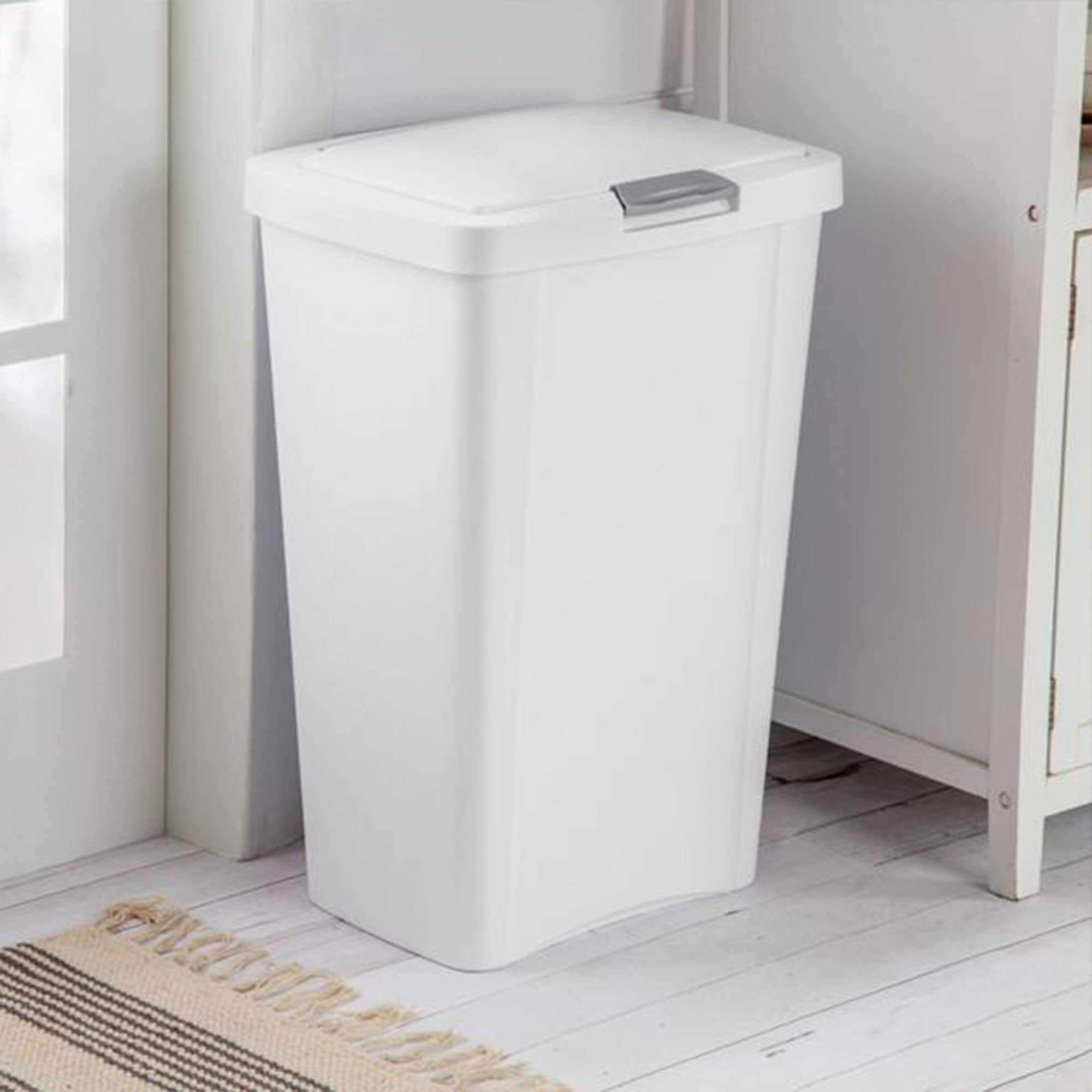 Sterilite 13 Gallon TouchTop Wastebasket Trash Can Garbage Recycle Bin with Titanium Latch for Kitchen, Garage, Basement, or Office, White (8 Pack)