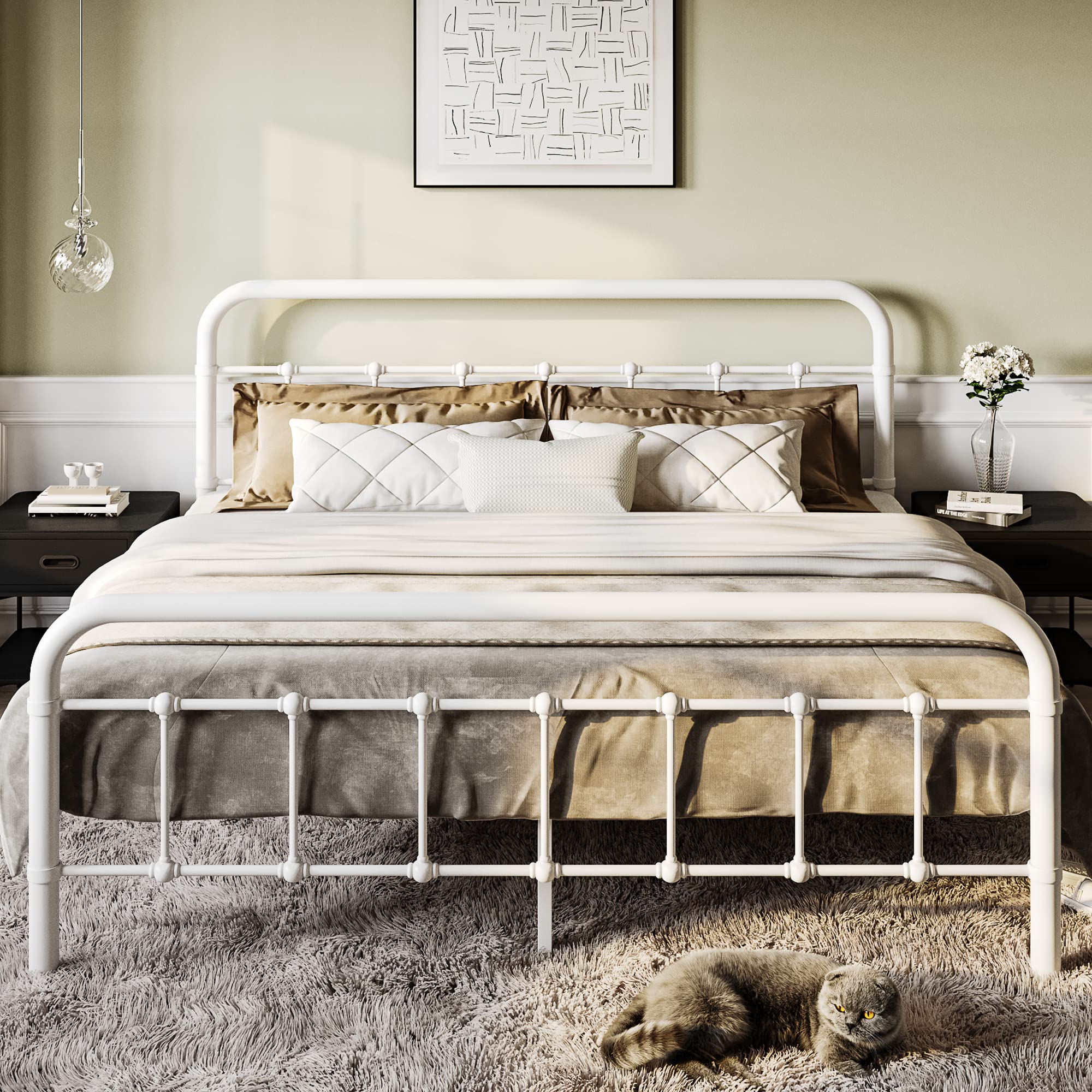 SHA CERLIN Queen Size Bed Frame Metal Platform Bed with Vintage Style Headboard and Footboard, Heavy Duty Mattress Foundation, No Box Spring Needed, Easy Assembly, White