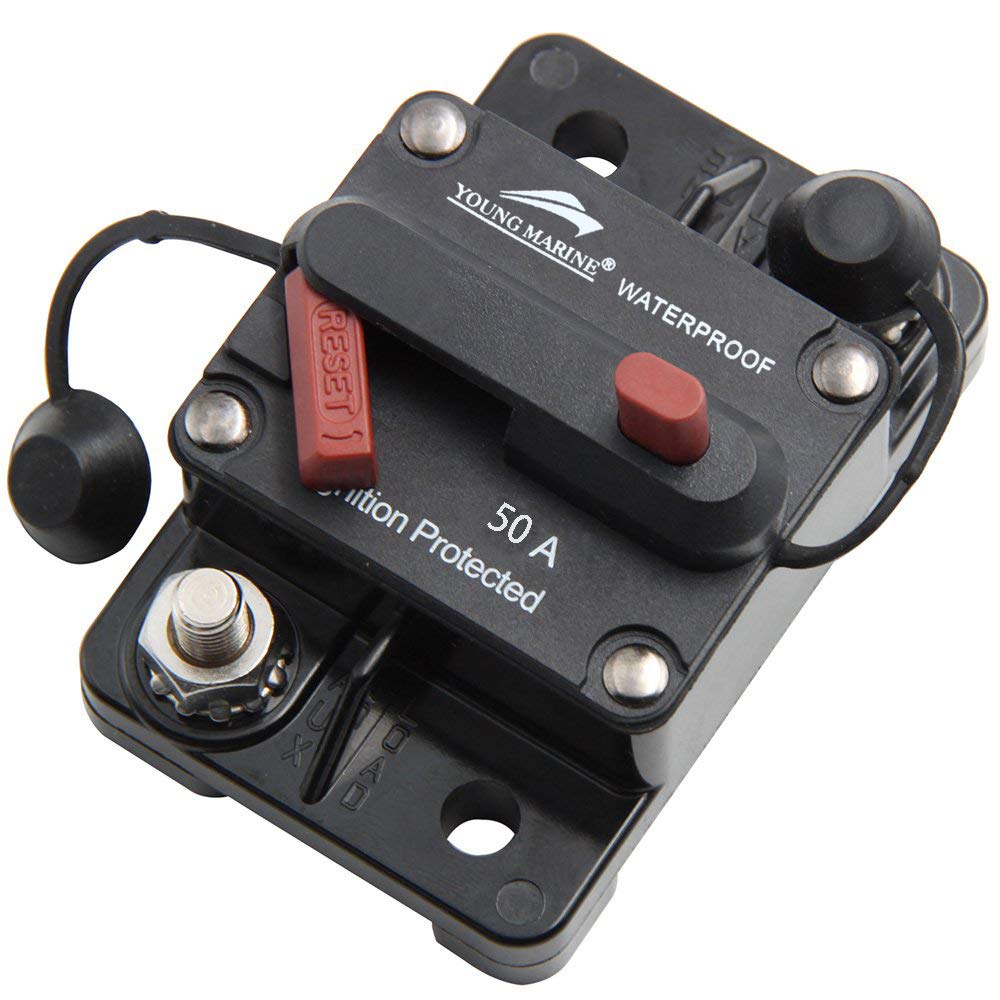 YOUNG MARINE Circuit Breaker Trolling with Manual Reset,Water Proof,12V- 48V DC (Surface Mount-50A)