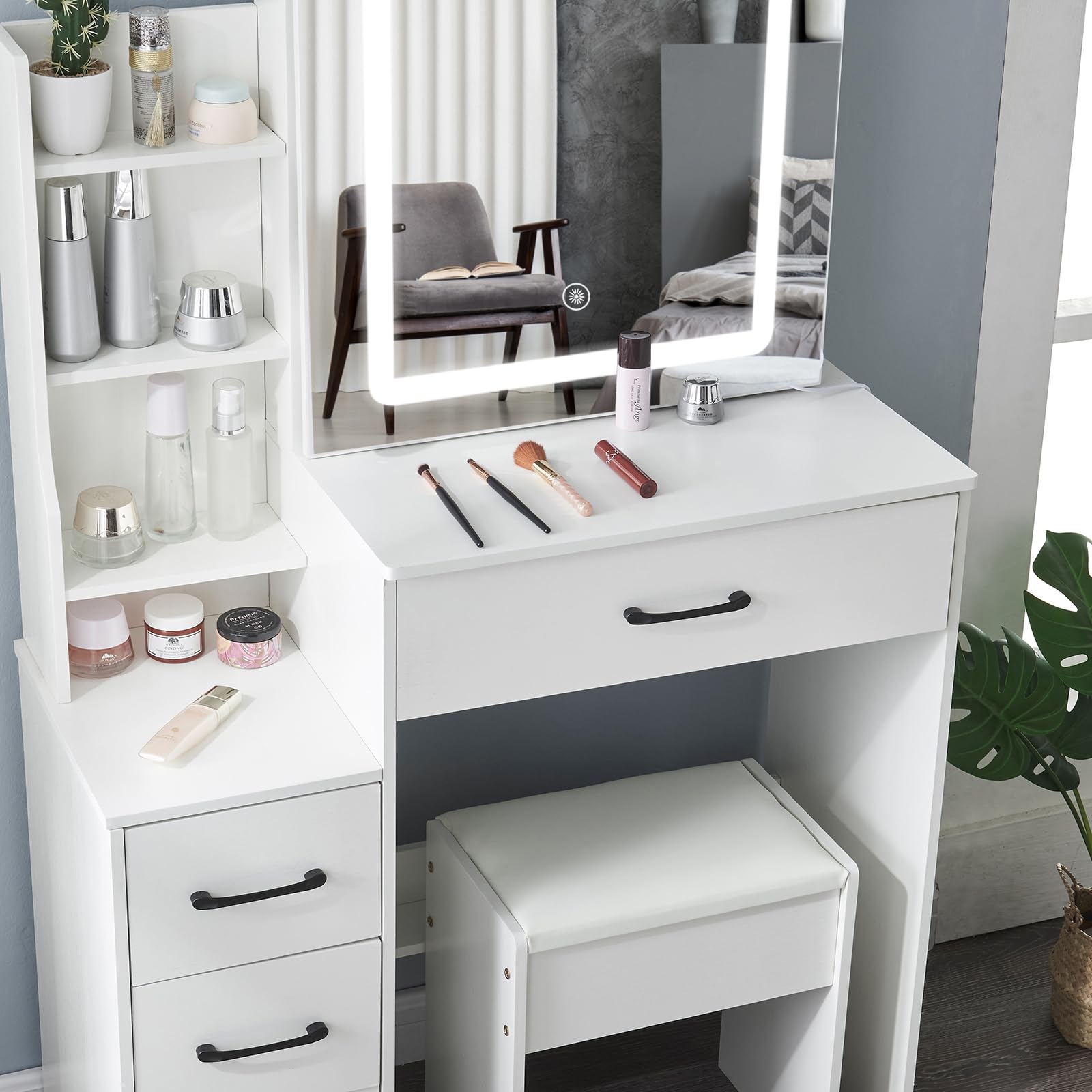 Vanity Desk with Mirror and Light, Large Makeup Vanity with 4 Drawers, Modern Vanity Set with Stool & Shelves, Vanity Dressing Table for Girls Women Bedroom