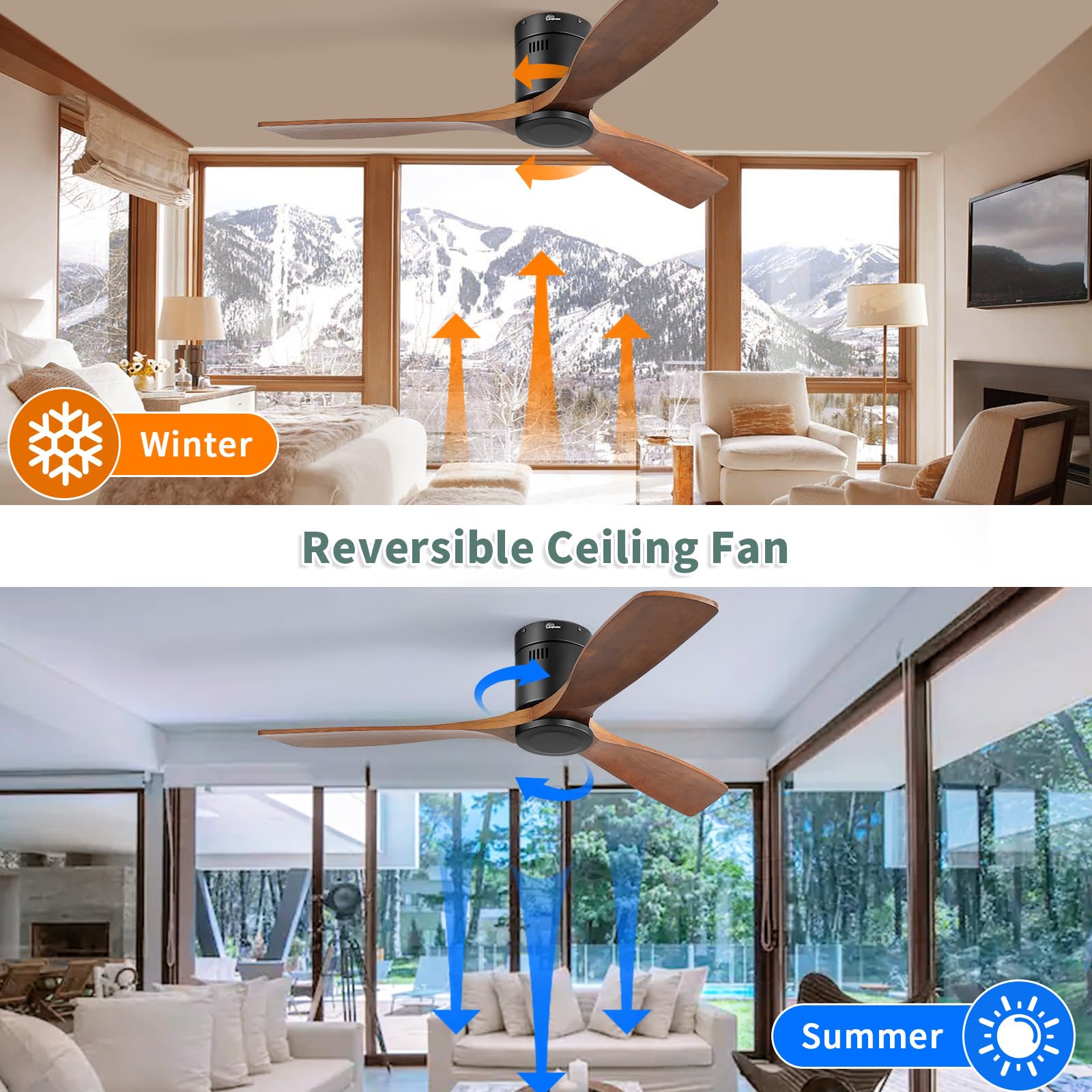 Sofucor 52 Inch Low Profile Ceiling Fan 3 Carved Wood Fan Blade Noiseless Reversible DC Motor Remote Control Without Light Flush Mount Farmhouse Ceiling Fan No Light for Low Ceiling