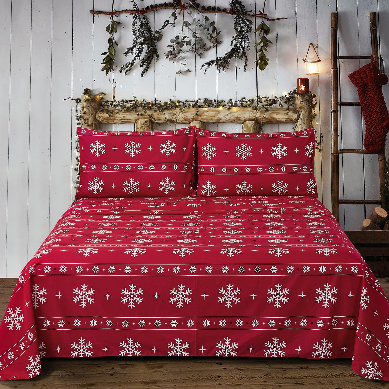 Vaulia Soft Microfiber Sheets, Print Snowflake Pattern Christmas Holidays, 4-Piece Set (1 Fitted Sheet 1 Flat Sheet 2 Pillowcases) Red/White Snowflake, Full Size