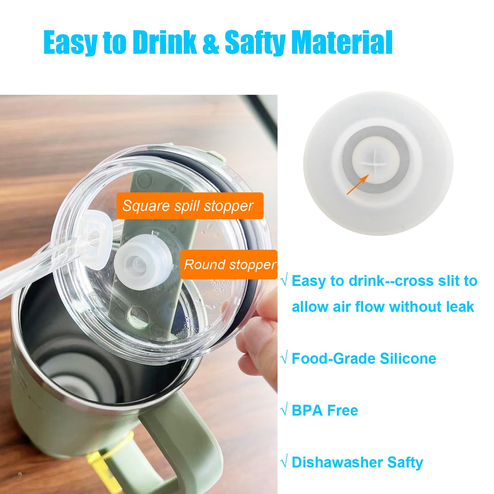 Silicone Spill Proof Stoppers Set, Compatible For Stanley Tumbler H1.0 40oz/30oz, Leakproof Seal Set Including 2 Square Spill Stoppers/2 Round Stoppers/2 Straw Covers, Stanley Cup Accessories-1.0