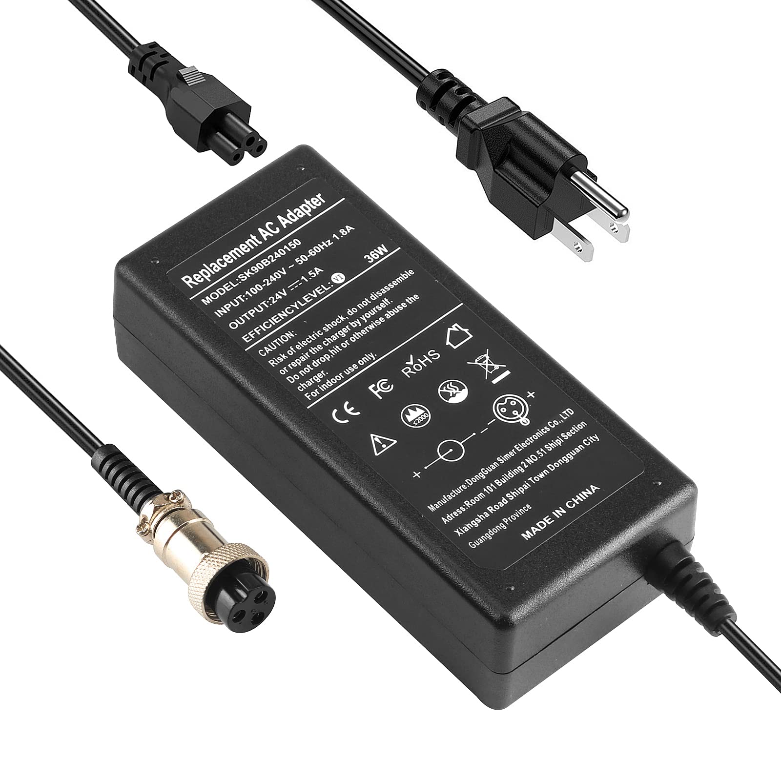 VillaCool 24V 1.5A 36W Battery Charger Standard 3-Prong Inline for Razor MX350 E175 E100 E225 E225S E325S E200 E300 E125 E150 E500 E500S E175 PR200 E100S E300S Electric Scooter Power Supply Cord