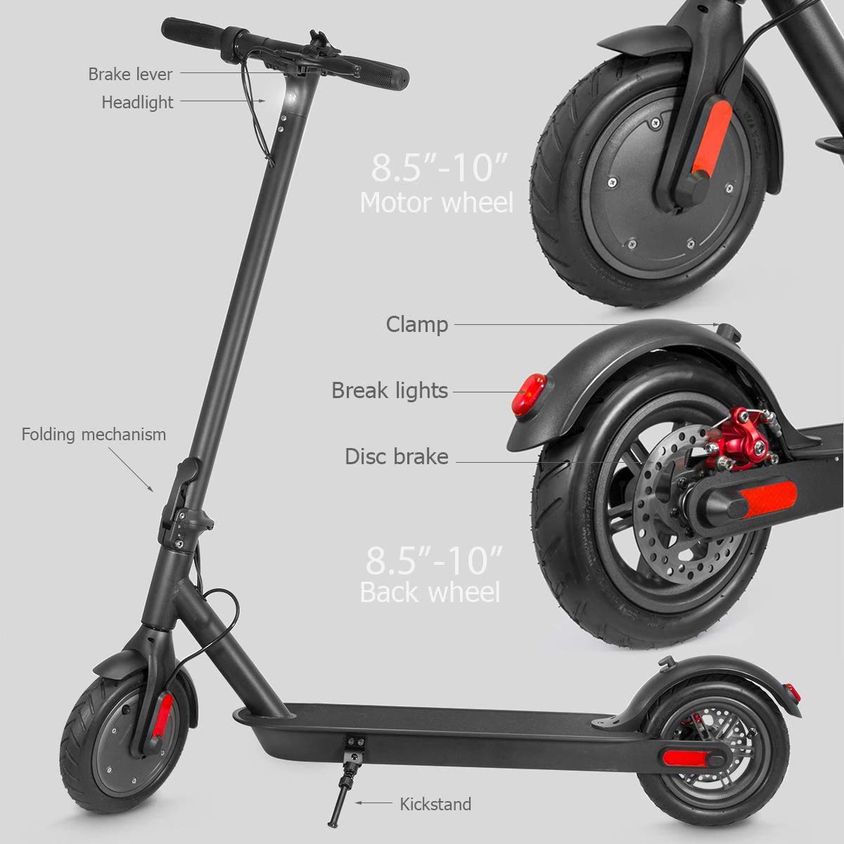 XPRIT Electric Scooter, Up to 15 Miles Range, 2 Gear Speed Mode (Black, 8.5''Wheel)