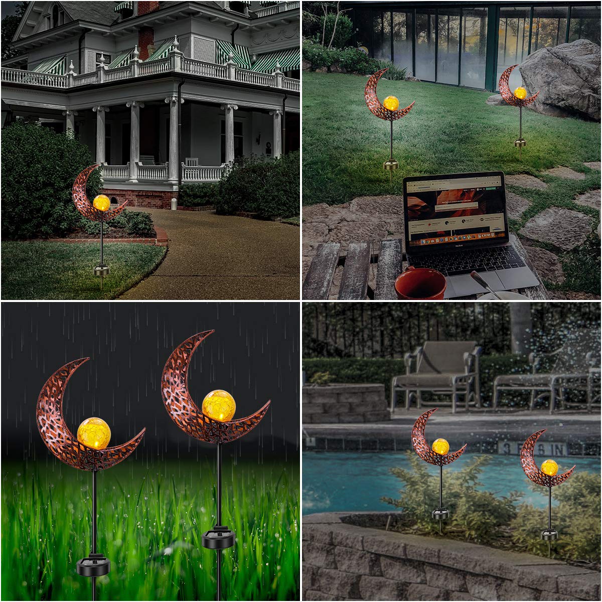 YUNLIGHTS Garden Solar Lights Pathway Outdoor Moon Crackle Glass Globe Stake Metal Lights,Waterproof Warm White LED for Lawn,Patio or Courtyard