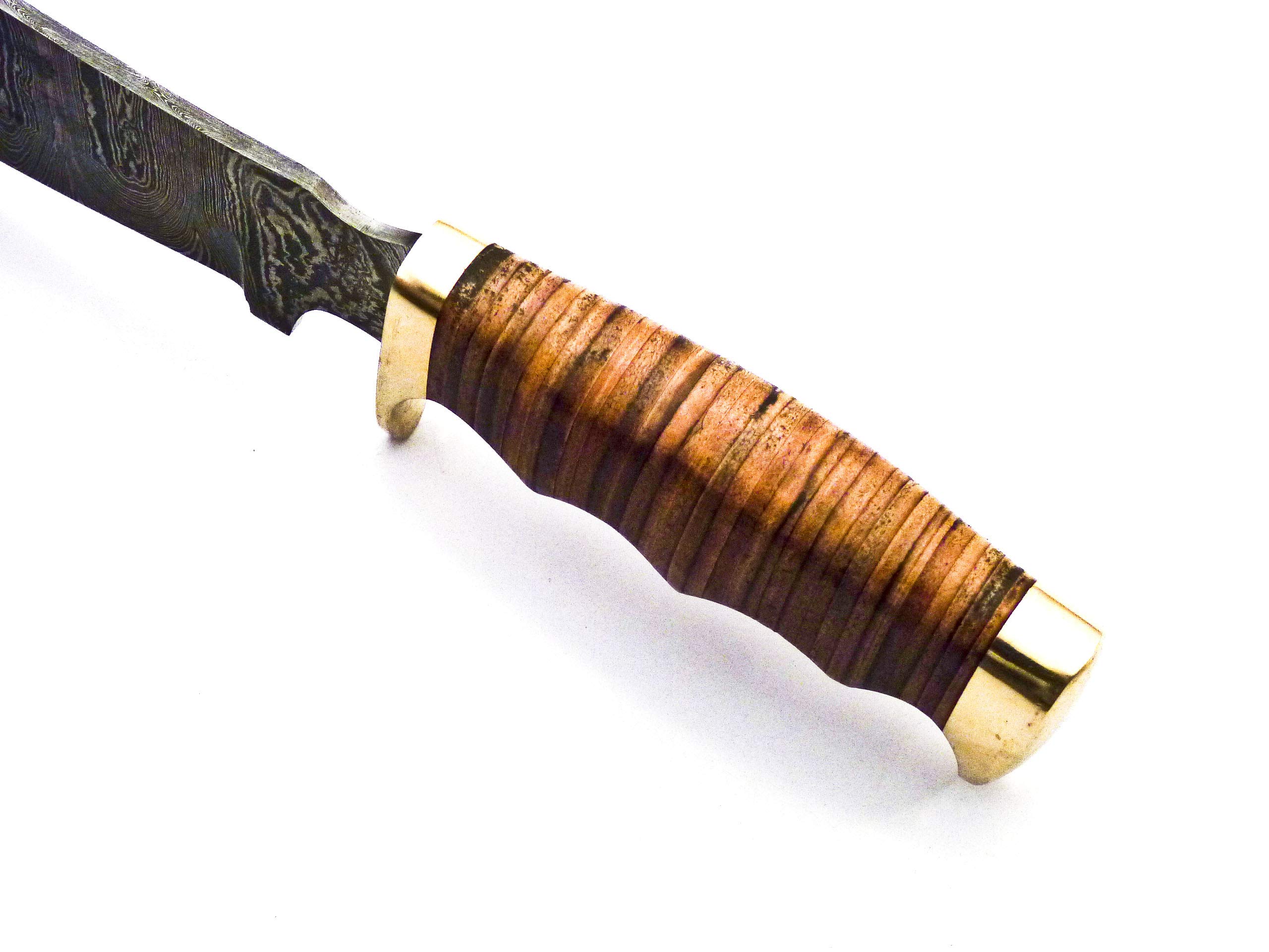 Skokie Knives Custom Hand Made Damascus Steel Hunting Knife Handle Leather Stacked with Brass Spacer (Stacked)