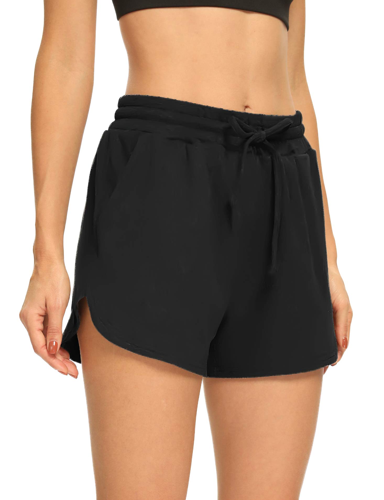 THANTH Womens 3" Yoga Shorts Elastic Waist Comfy Lounge Pajamas Workout Running Terry Jersey Shorts with Pockets Black M