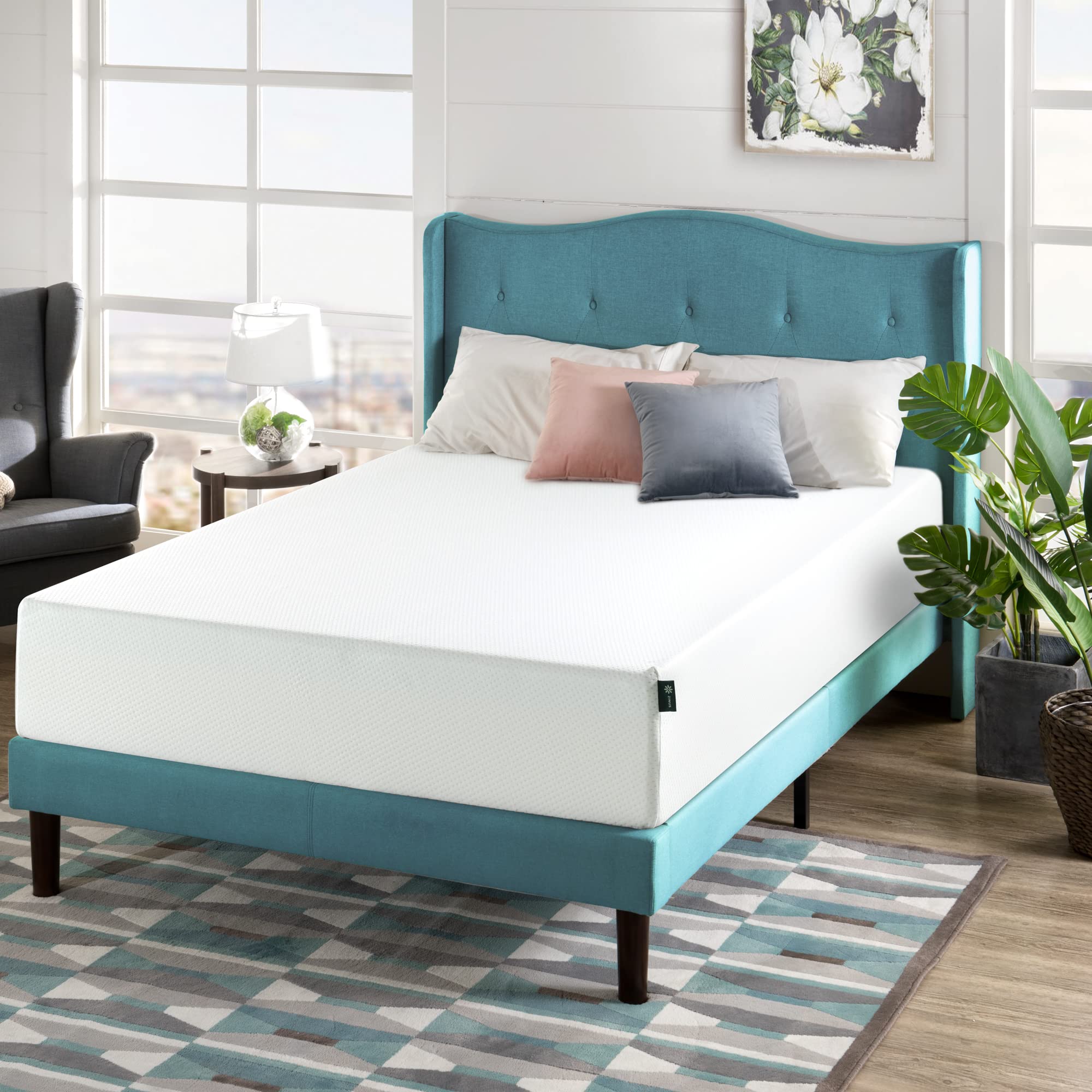 ZINUS Lottie Upholstered Platform Bed Frame / Mattress Foundation / Wood Slat Support / No Box Spring Needed / Easy Assembly, Beige, Queen & Green Tea Memory Foam Mattress, Queen, White