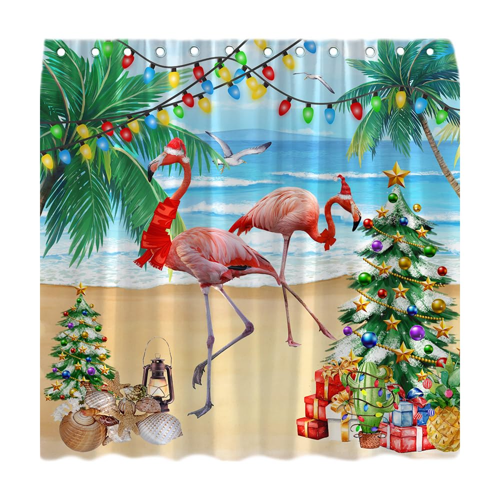 WZFashion Pink Christmas Flamingo Shower Curtain Tropical Ocean Beach Palm Funny Summer Xmas Tree Colorful Balls Holiday Fabric Bath Curtain set with Hook