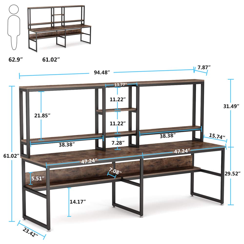 Tribesigns 94.5 inch Two Person Desk with Hutch, Double Workstation Computer Desk with Storage Shelves, Large Industrial Office Desk Study Writing Table with Bookshelf for Home Office, Rustic Brown
