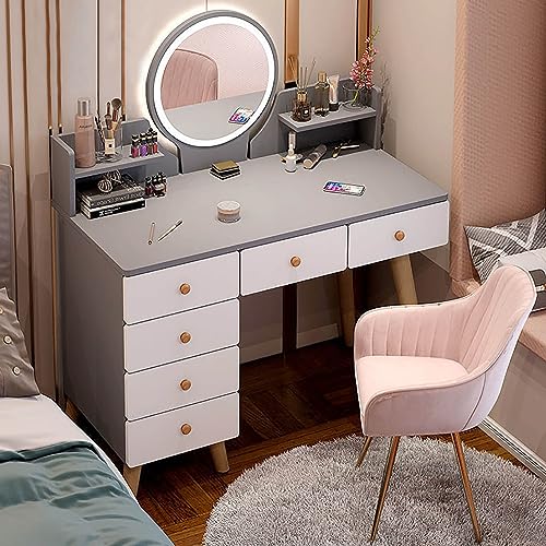 Vanity with Lights and Mirror Desk and Chair, 3 Light Settings & Adjustable Brightness, Modern Makeup Vanity Desk Set with 6 Drawers, Open Storage Shelves, Dressing Table for Bedroom ( Color : Gray ,