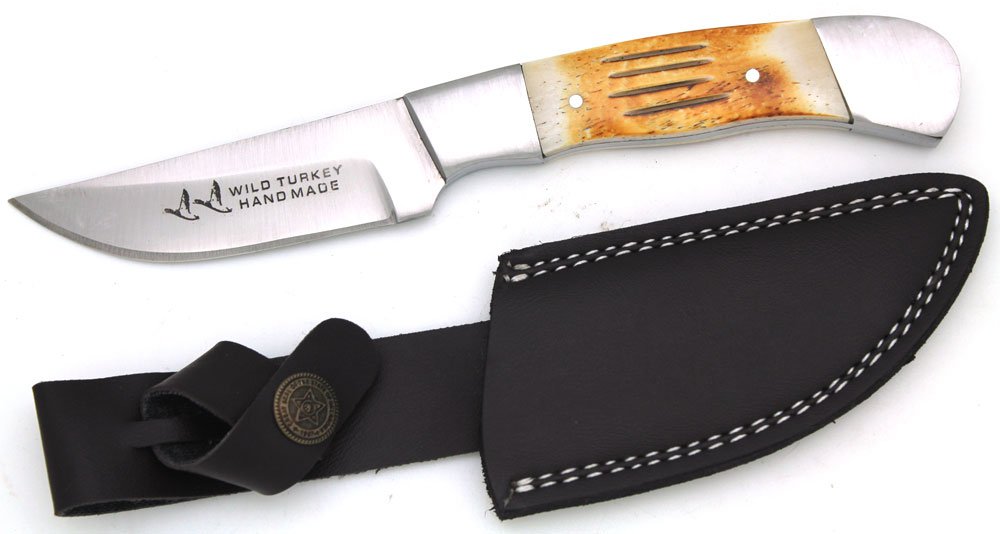 Wild Turkey Handmade Collection Full Tang Camel Bone Handle Fixed Blade Hunting Knife w/Leather Sheath Outdoors Fishing Camping Hunting … (Burnt Bone)