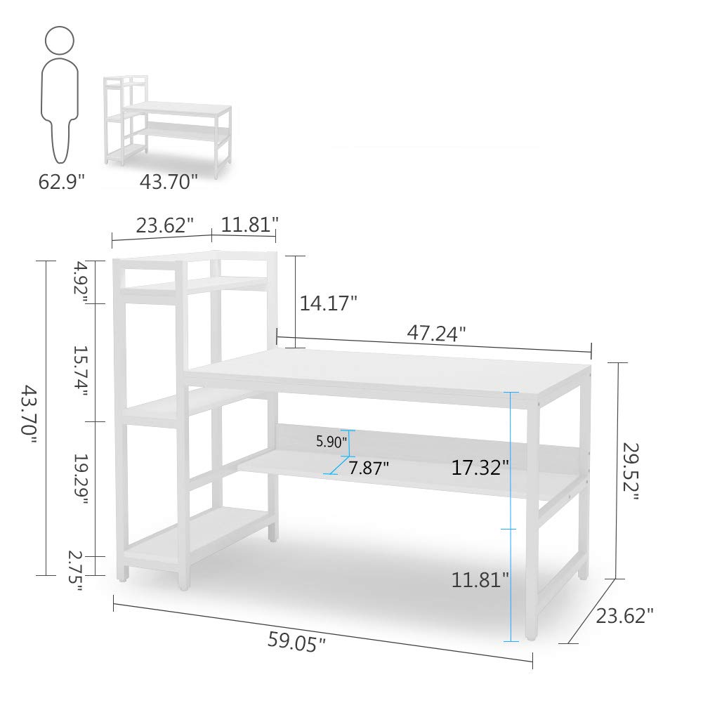 Tribesigns Computer Desk with 4-Tier Storage Shelves, 60 inch Modern Large Office Desk Computer Table Studying Writing Desk Workstation with Bookshelf and Tower Shelf for Home Office(White)