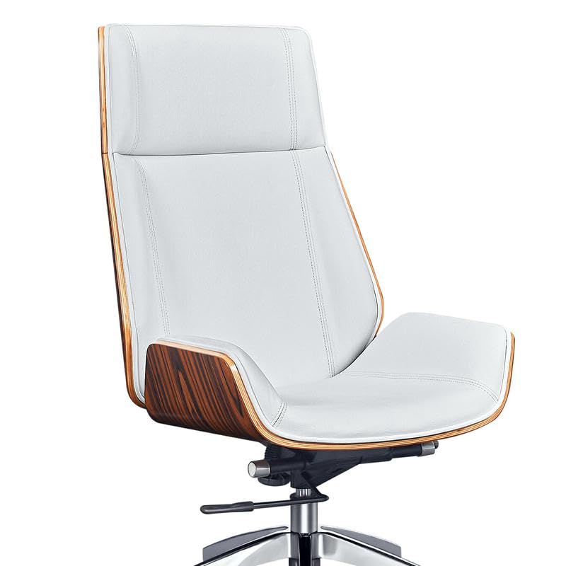 Swivel Ergonomic Office Chair, Genuine Leather Computer Chair with Adjustable Height and 4-Point Support, Comfortable High Back Desk Chairs with Mute Pulley for Living Room, Office, White