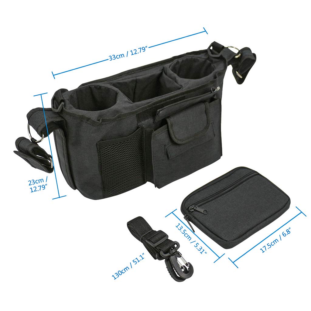 VIMUKUN Stroller Organizer Non-Slip Stroller Cup Holder Baby Travel Accessories - Stroller Accessory for Smart Parents with Shoulder Strap, Compatible with Uppababy, BOB, Baby Jogger (Black)