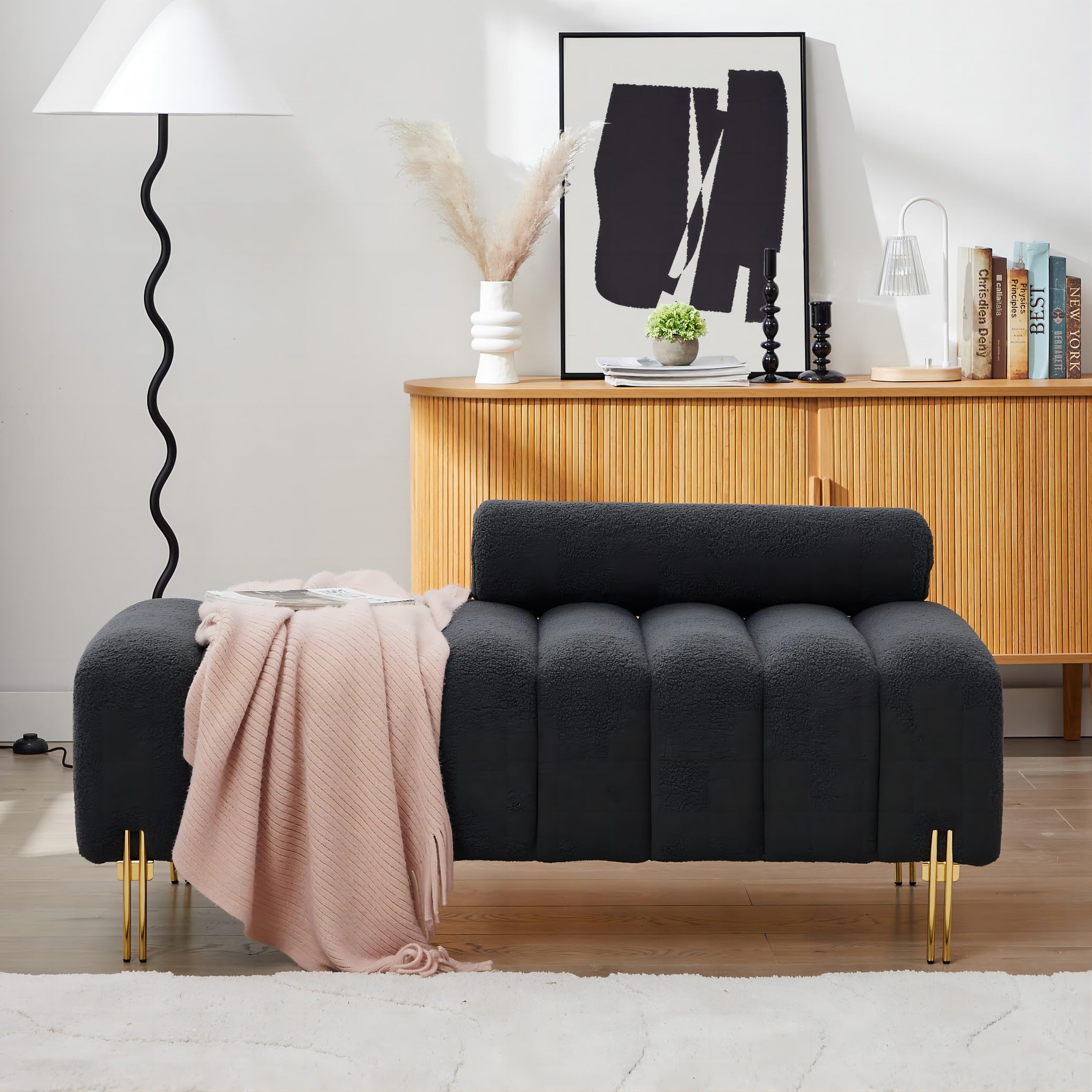 WEI WEI GLOBAL Footstool Sofa - Upholstered Ottoman with Storage Compartments - Channel Tufted Storage Bench with Metal Trestle Legs - Footrest Ottoman with 2 Pull Out Drawers and Backrest - Beige