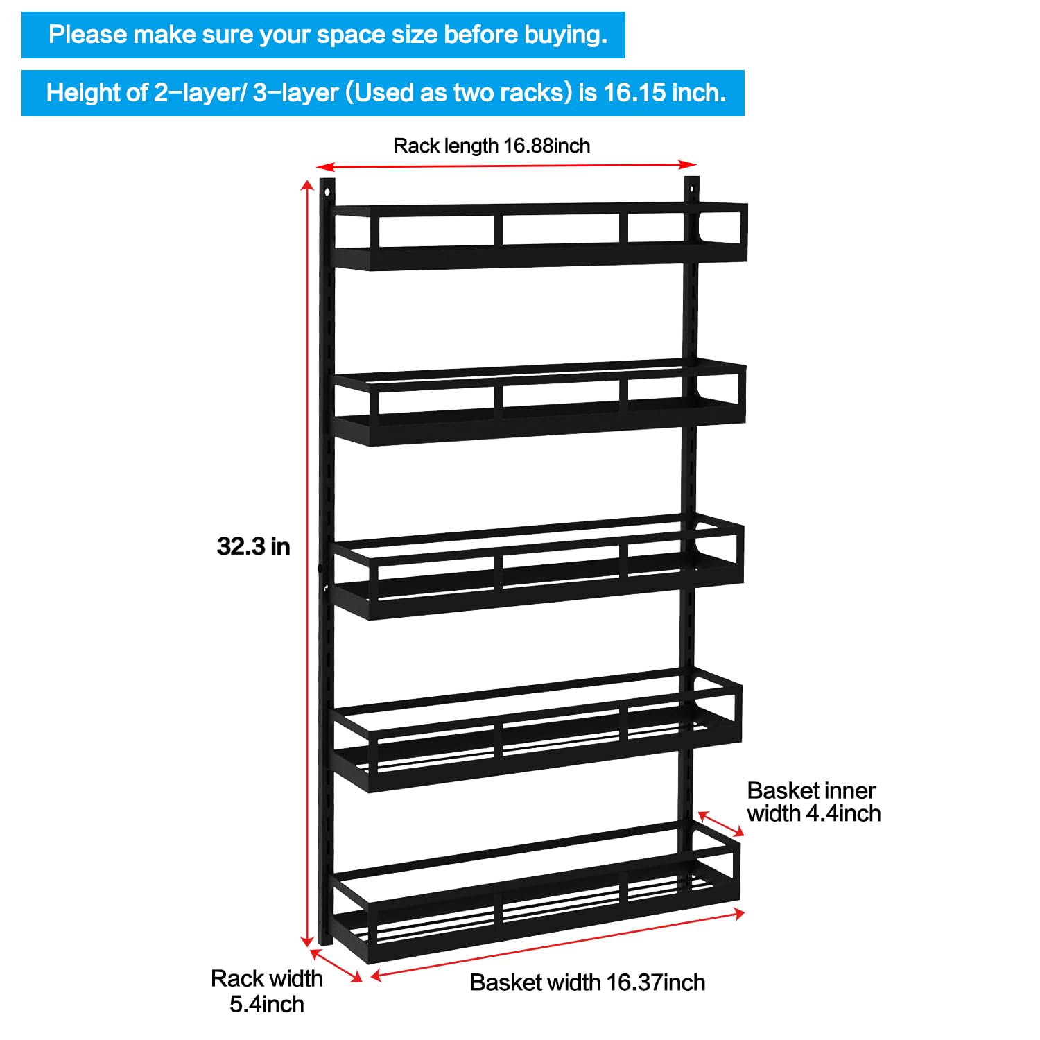 X-cosrack Wall Mount Spice Rack Organizer 5 Tier Height-Adjustable Hanging Spice Shelf Storage for Kitchen Pantry Cabinet Door, Dual-Use Seasoning Holder Rack with Hooks, Grey
