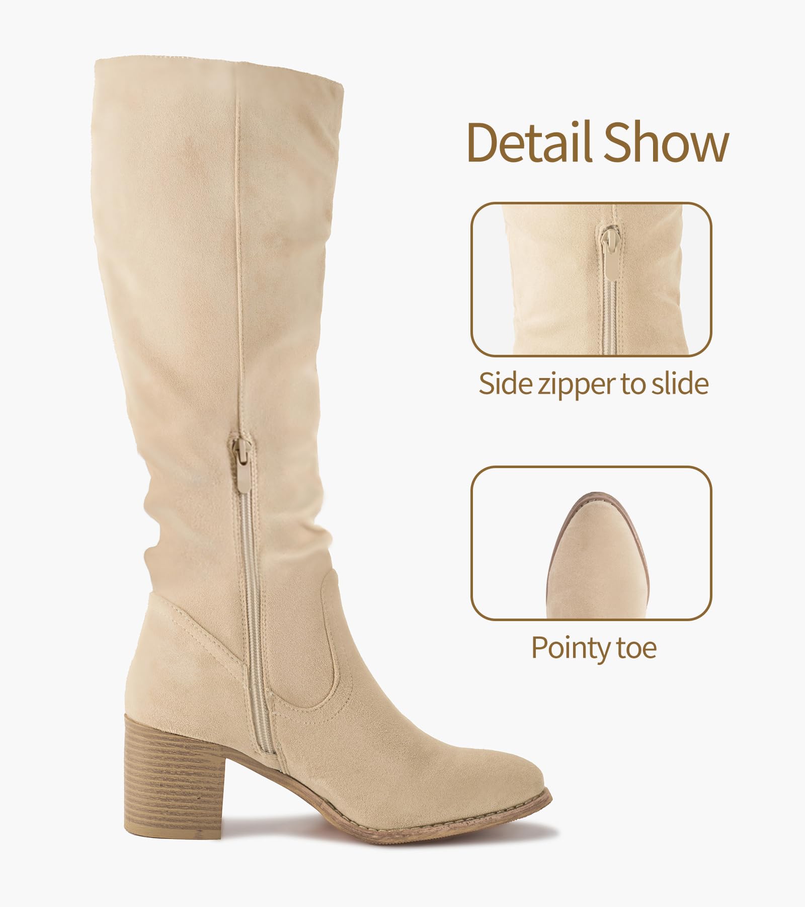 Shoe'N Tale Womens Knee High Boots Chunky Heel Pointed Toe Suede Slouchy Boots with Side Zipper(8.5,Beige)