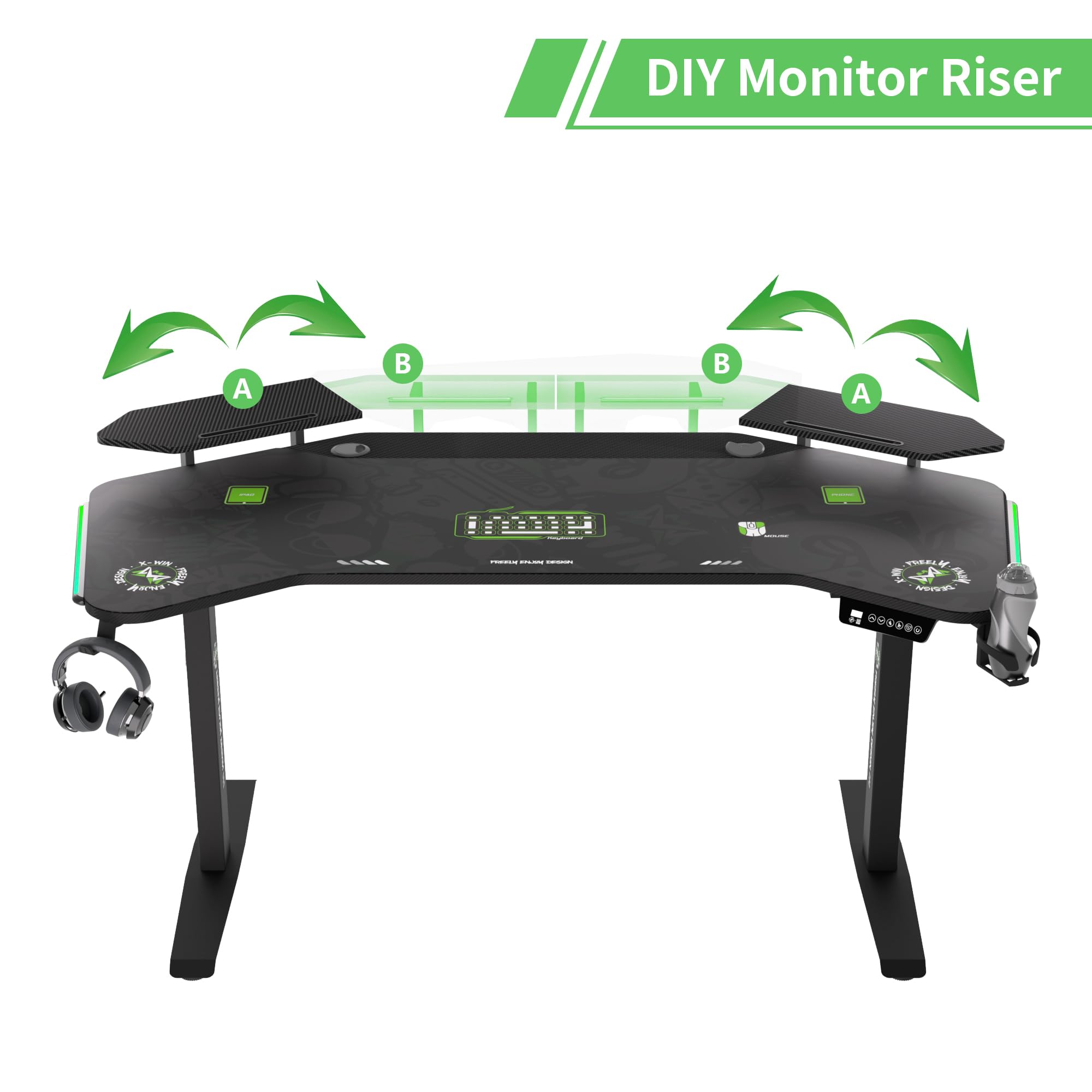 X-WIN 63" Standing Gaming Desk, Wing-Shaped Computer Desk with Full Coverage Mouse Pad, Electric Height Adjustable Standing Desk with RGB LED Lights and Slot Design Shelves for Home Office