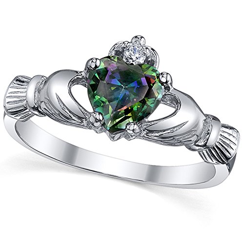Sterling Silver 925 Irish Claddagh Friendship & Love Mystic Rainbow Simulated Topaz Color Heart Cubic Zirconia Ring 8