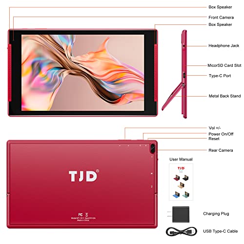 TJD Android 12 Tablet 10.1 Inch Tablets with Stand, 8GB RAM 128GB ROM 512GB Expandable,6000mAh Fast Charge, 8MP Dual Camera, 2.4G/5G WiFi6, IPS HD Touch Screen (Red)
