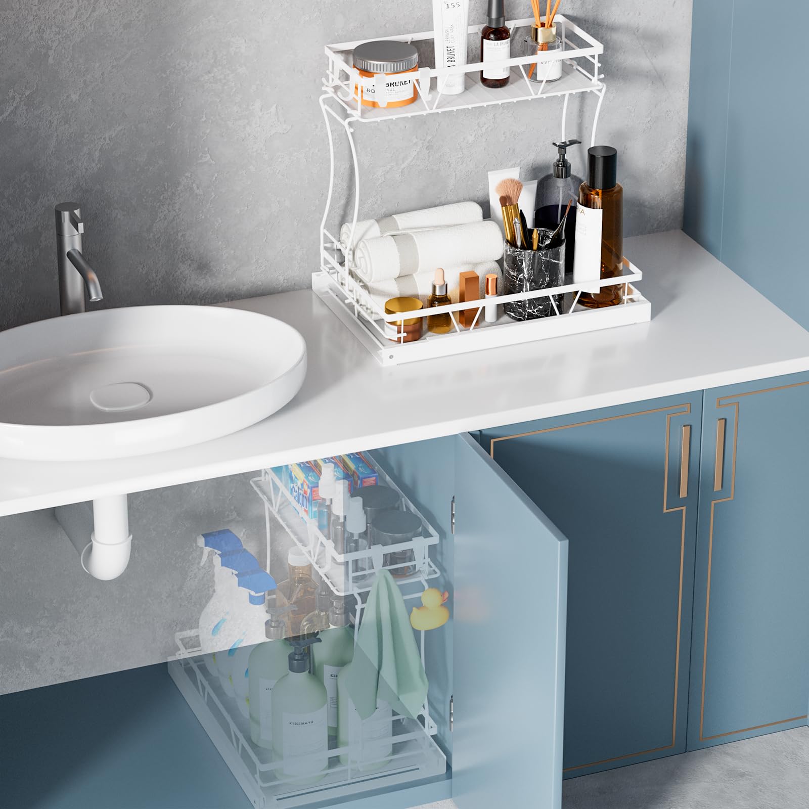 VERIFOST Under Sink Organizer, 2 Tier Under Sink Organizers and Storage, L Shaped Under Sink Pull Out Shelf Organizer, Multi-use Under Sink Storage for Kitchen Bathroom Cabinet, Black