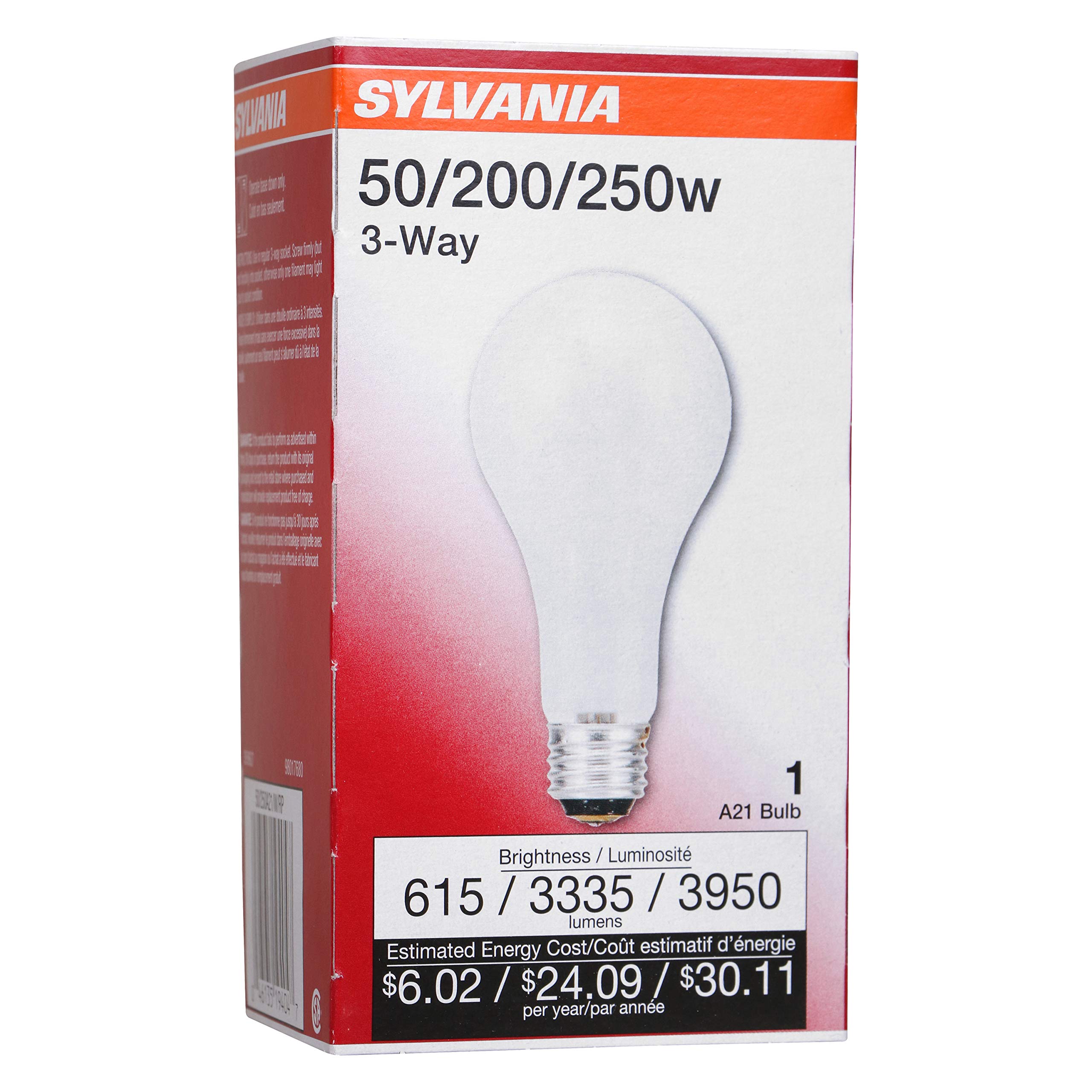 SYLVANIA Incandescent 3-Way A21 Light Bulb, 50W/200W/250W, Medium Base, 2850K, Frosted, Warm White - 1 Pack (19404)