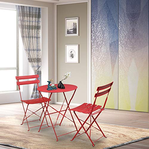 VINGLI Steel Patio Bistro Set, 3 Piece Folding Outdoor Patio Furniture Sets, Folding Patio Round Table and Chairs(Red)