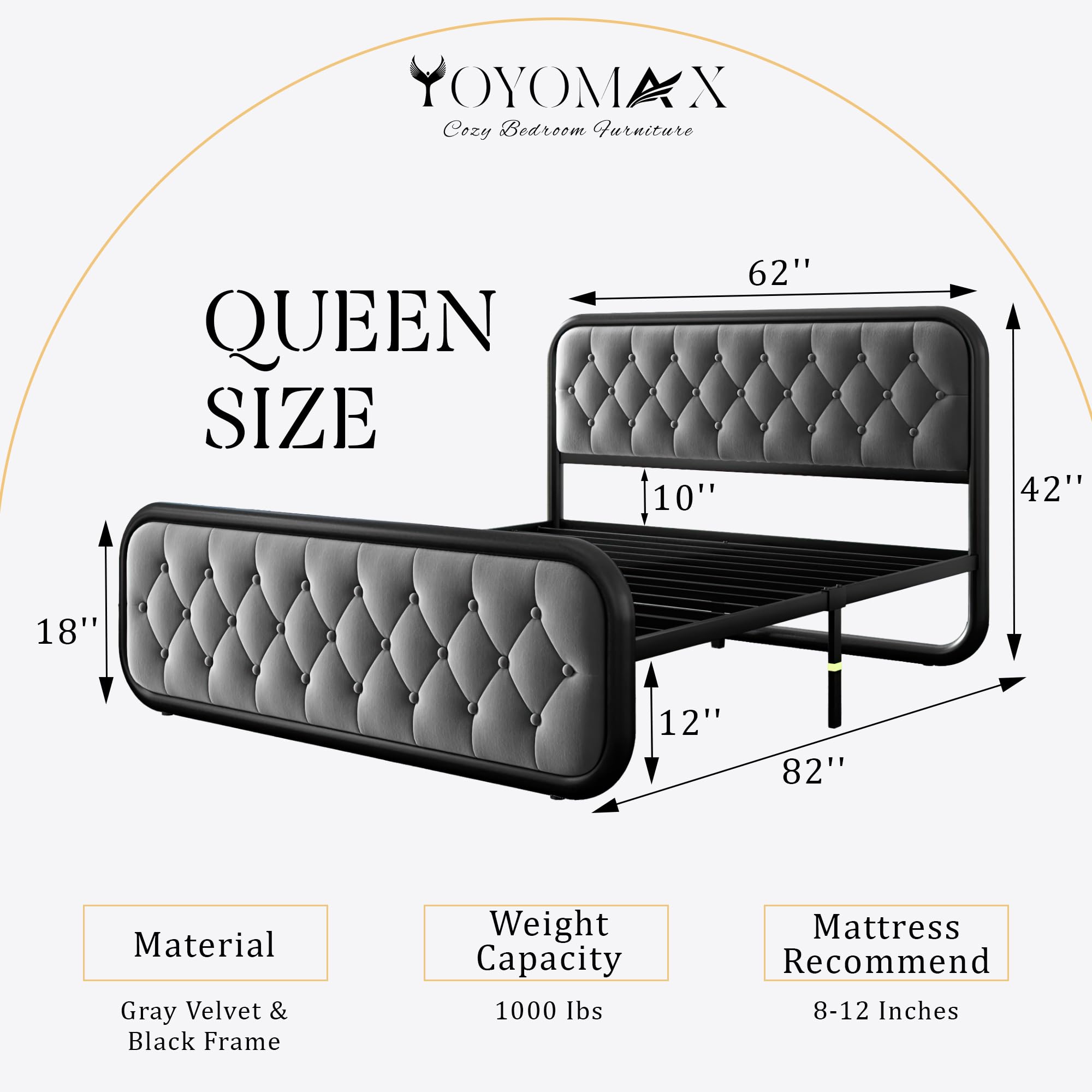 yoyomax Queen Size Bed Frame with Velvet Button Tufted Headboard, Heavy Duty Bed Frame Platform with Strong Metal Slats,12" Under-Bed Storage, Noise-Free & No Box Spring Need,Easy Assembly, Grey