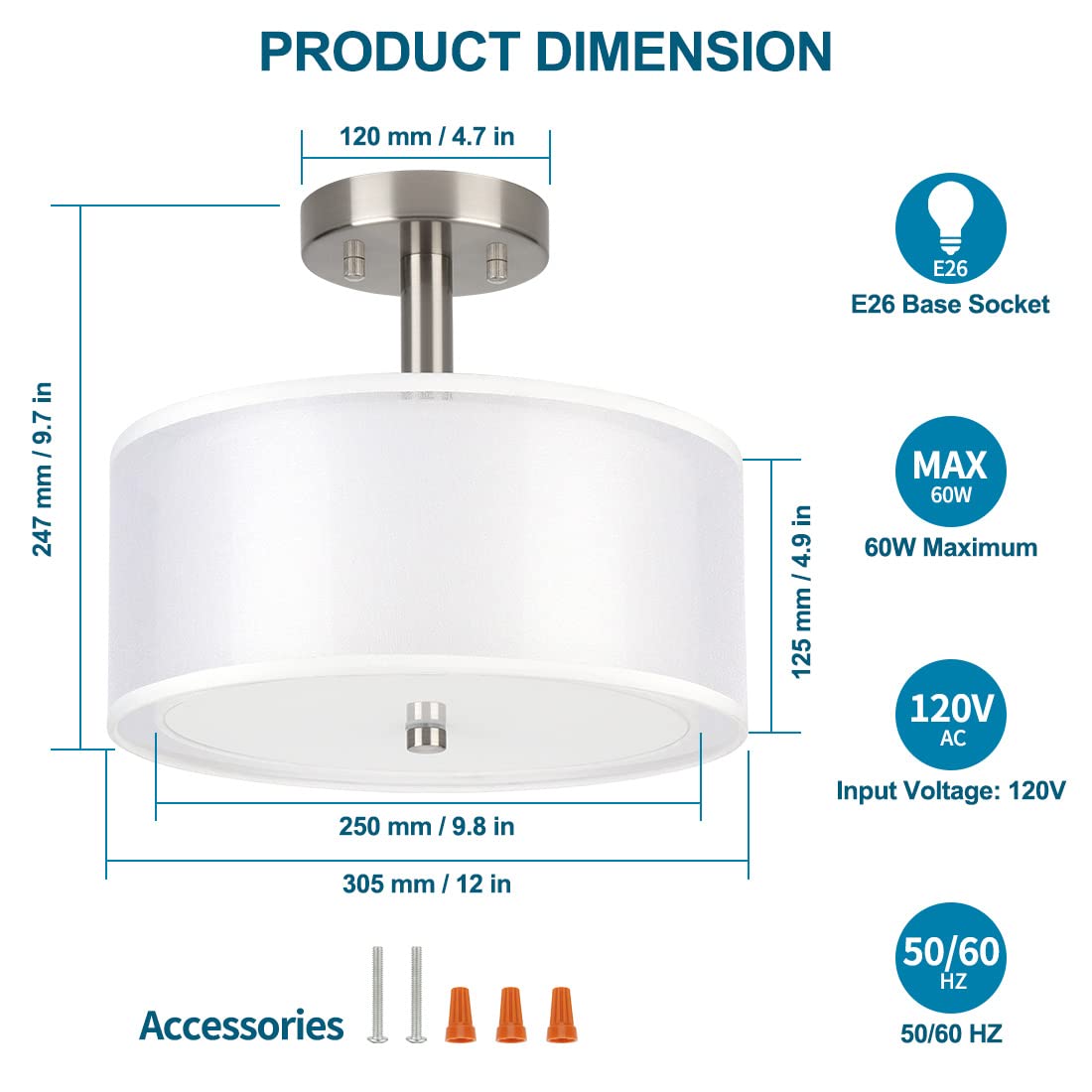 Xbuyee 3-Light Semi Flush Mount Ceiling Light Fixture, 12" Drum Light Fixture with Double Fabric Shade, Modern Close to Ceiling Lamps for Bedroom, Living Room, Dining Room, Kitchen, Hallway