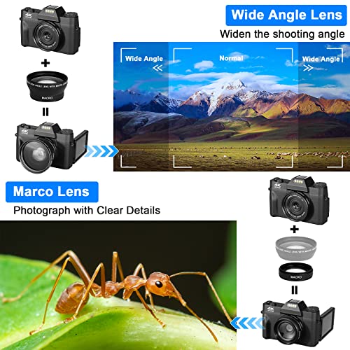 Vlogging Camera, Acoletty 4K 48MP Digital Cameras for Photography, 16X Digital Zoom, 52mm Wide Angle Lens, Macro Lens, 2 Batteries & Charging Stand, 32GB TF Card, 3.0" IPS 30FPS 180°Flip Screen Black