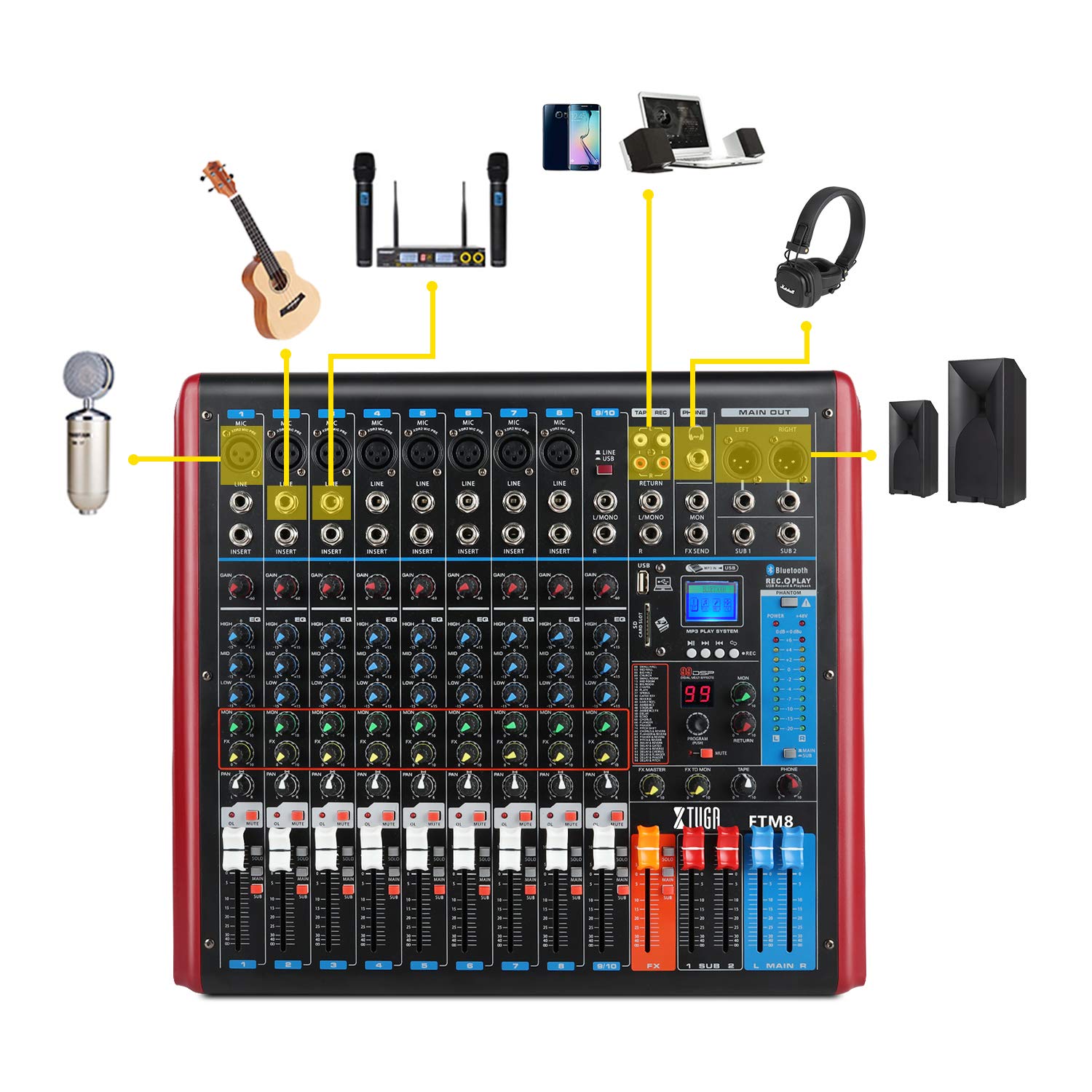 XTUGA FTM8 8-Channel Professional Audio Mixer Sound Built-in 99-bit DSP Digital effect with Recordable function and Digital display MP3,Bluetooth,USB,EQ,Effects (8-Channel)