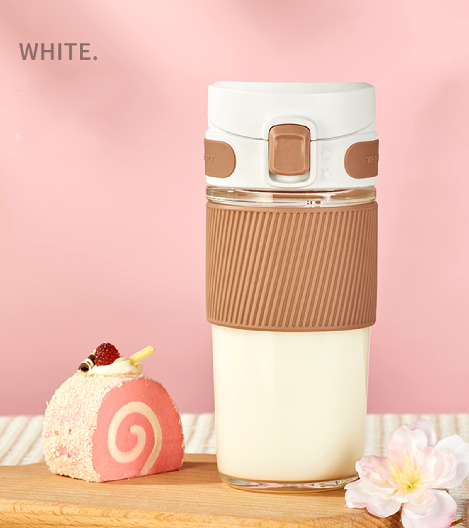 TKK Glass Travel Coffee Mug with Lid 15 OZ Leak Proof Reusable Coffee Cup with Silicone Sleeve - BPA Free, White-NEW