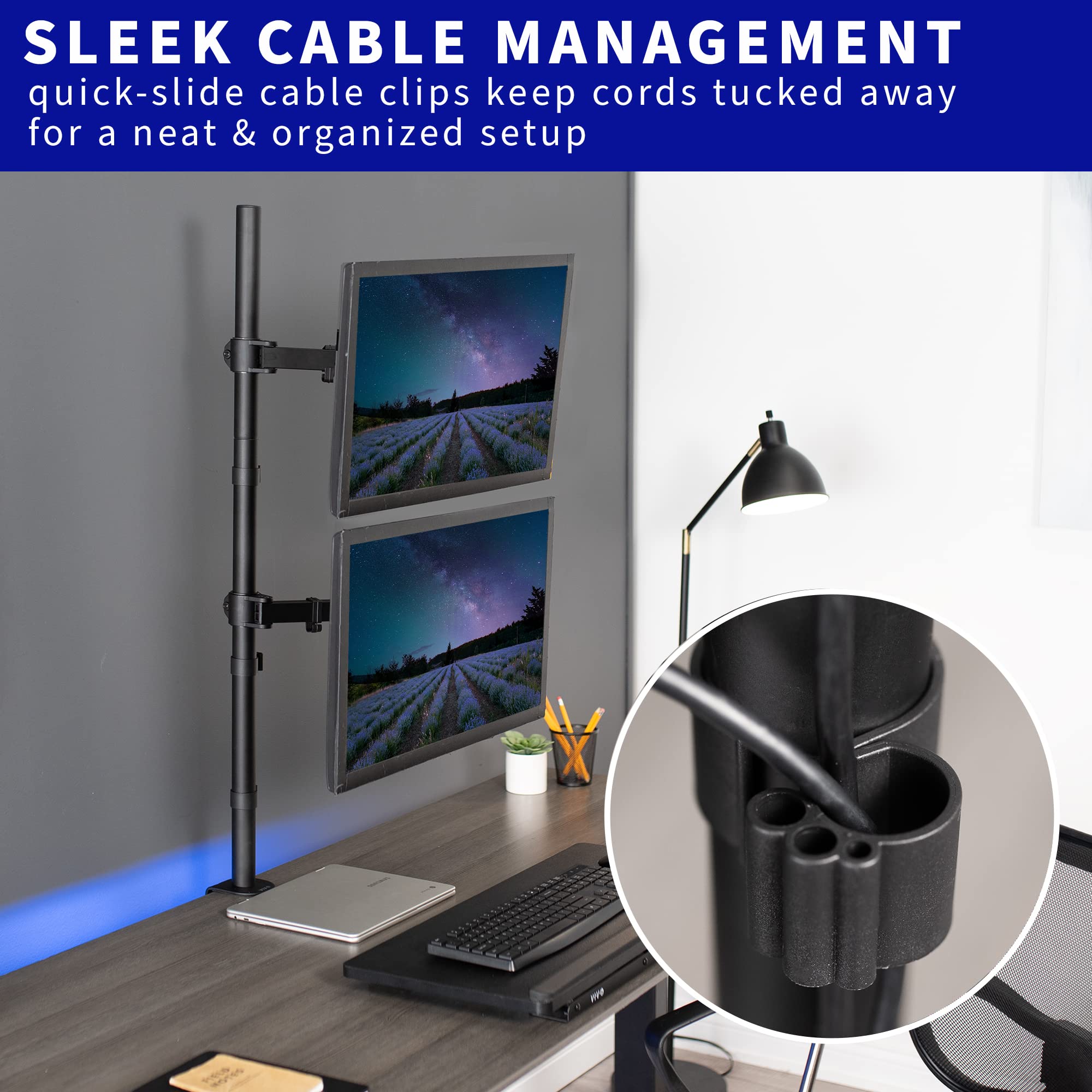 VIVO Extra Tall Vertically Stacked Dual Monitor Desk Mount Stand with 99 cm Stand-up Pole, Fully Adjustable Extended Arms, Fits 2 Screens up to 27 inches, STAND-V012T