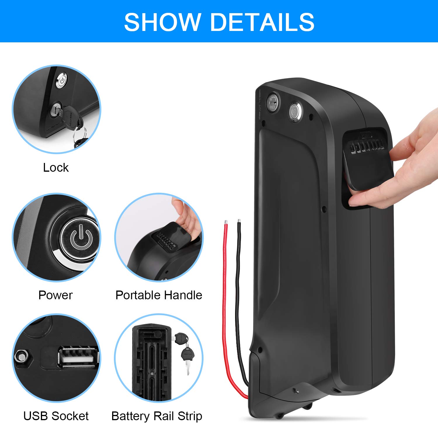 Sunbond EBike Battery 48V 11.6AH Lithium ion Rechargeable Battery with USB Port (Black), with Charger, Electric Bicycle Battery Pack Electric Bicycle Battery, Motorcycle Bicycle Batteries