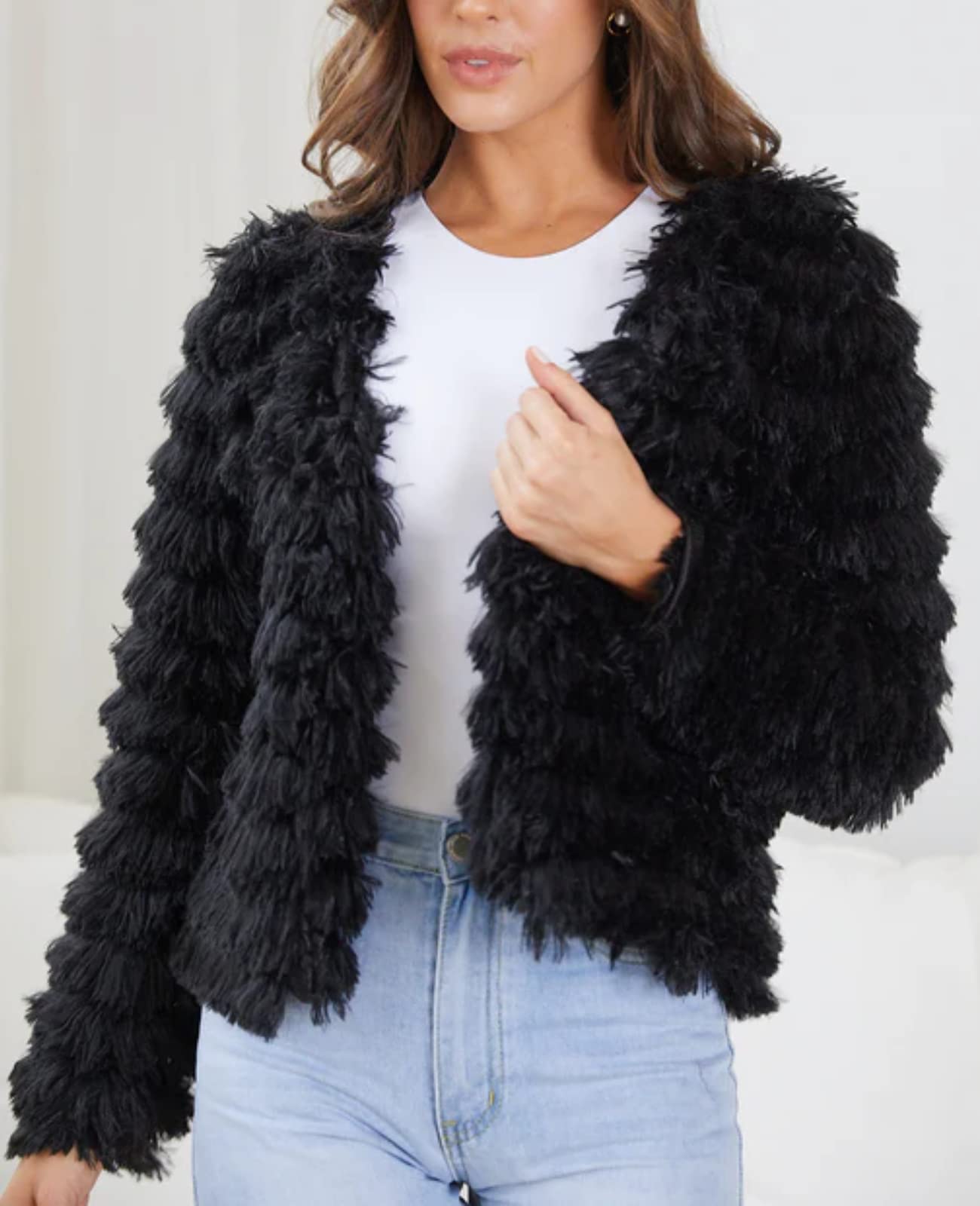 Womens Open Front Faux Fur Cardigan Vintage Parka Shaggy Jacket Coat Black X-Large