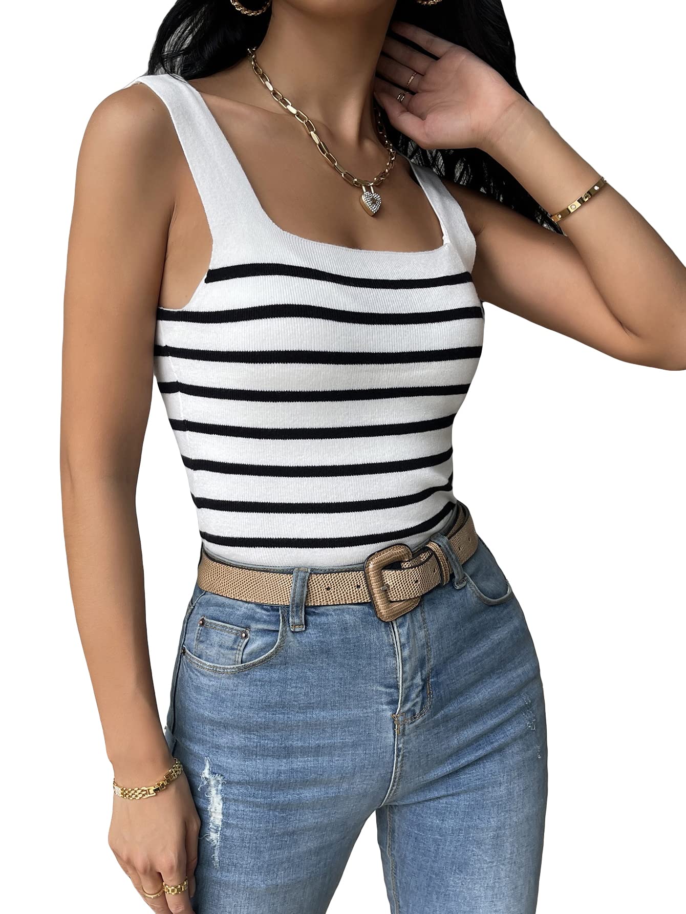 SOLY HUX Women's Square Neck Tank Top Basic Ribbed Knit Cami Casual Sleeveless Slim Fit Tops White XS