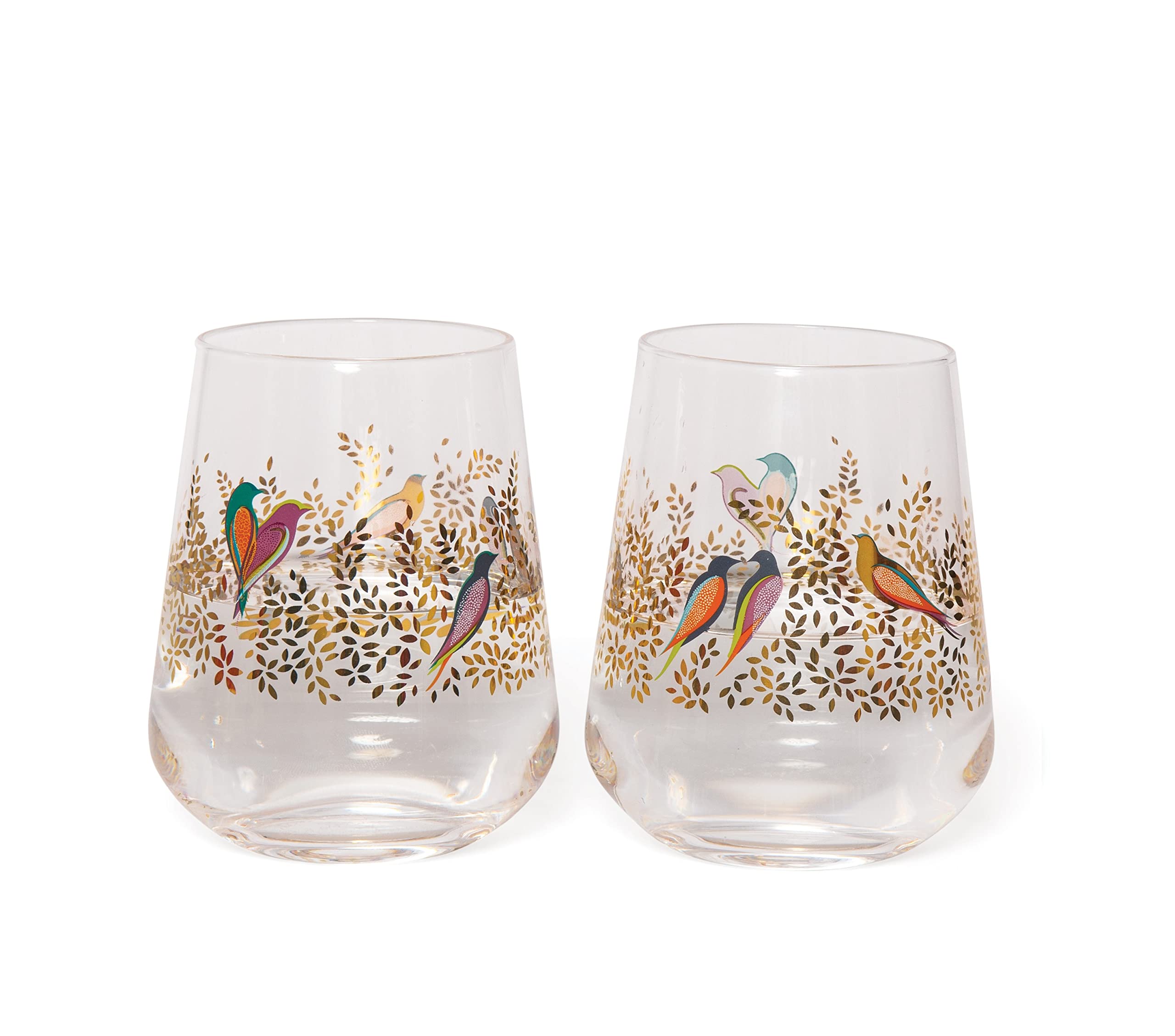 Spode Sara Miller London Chelsea Tumblers | Set of 2 | 14 Oz Stemless Glasses for Ros, Red, or White Wine | Colorful Birds Design | Handwash Only