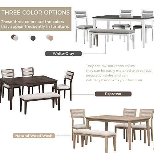 Voohek, Espresso 6-Piece Rectangular Trapezoid Dining Table with Wood Grain Tabletop, 4 Fabric Chairs and 1 Bench, Solid Woodframe Kitchen Furniture w/Plastic Foot Pads, for 4 People