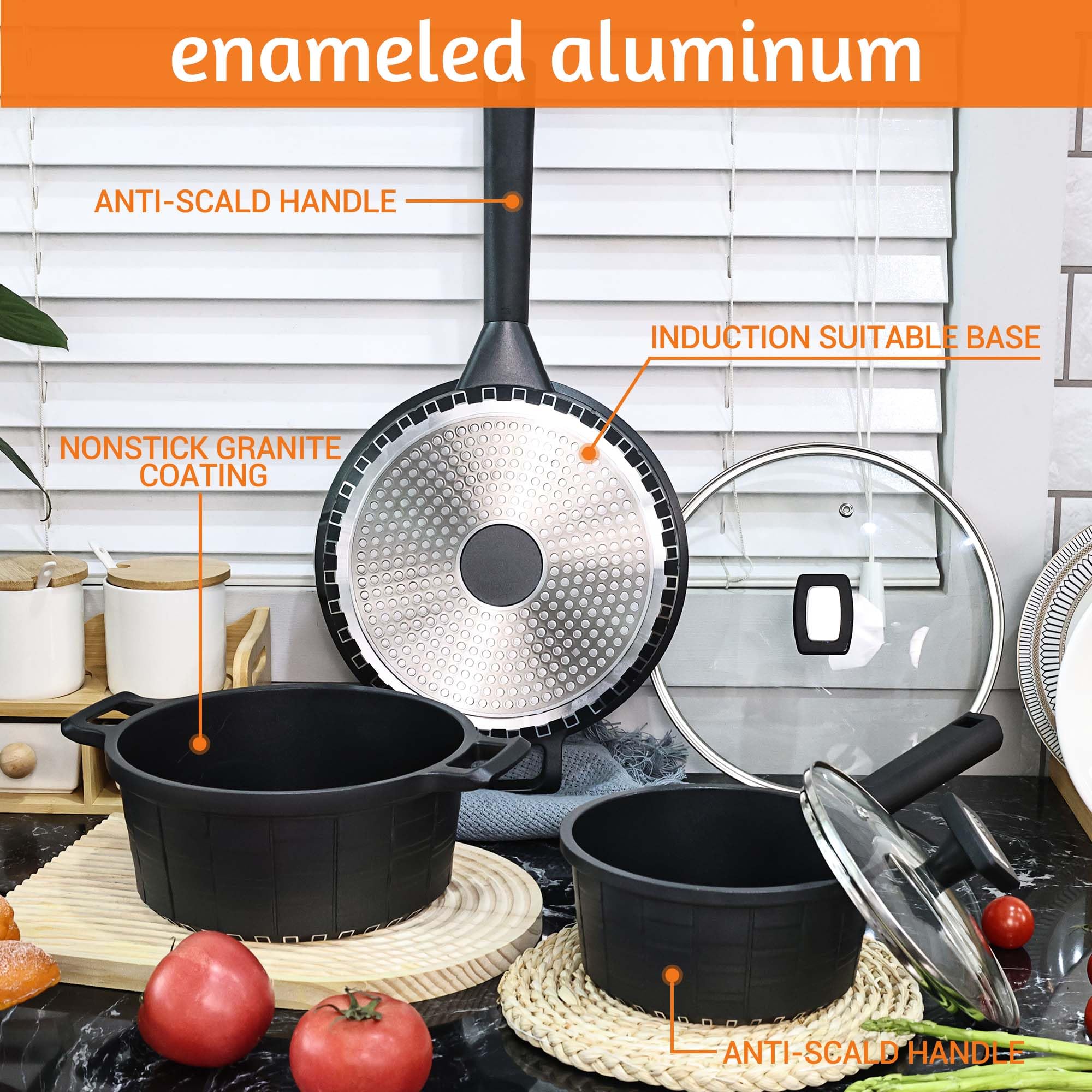 Wodillo Cookware Set, Pots and Pans with Utensils, Nonstick Scratch Resistant Cooking Surface Compatible with All Stoves(Gas, Electric & Induction) - Black
