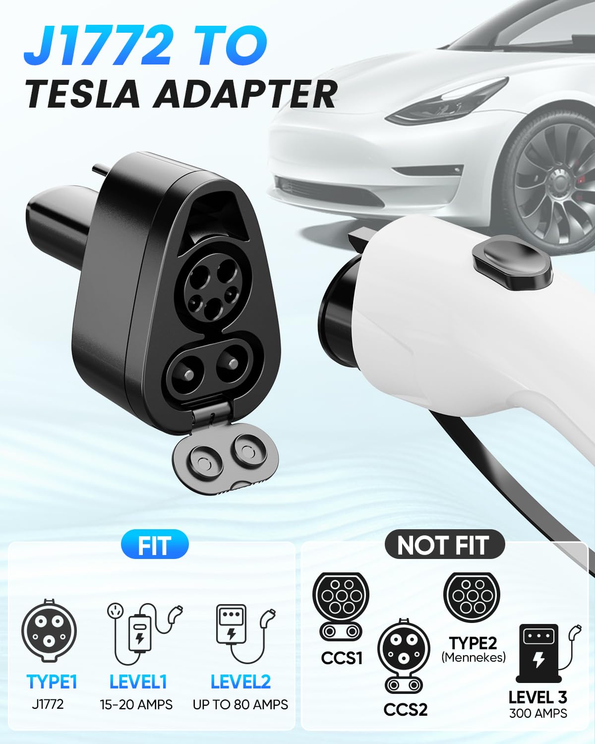 WonVon 80A J1772 & 250KW CCS1 to Tesla Charger Adapter 2 in 1 Universal Charging Stations Accessories for Tesla Model 3/S/X/Y 250KW DC Fast Charging