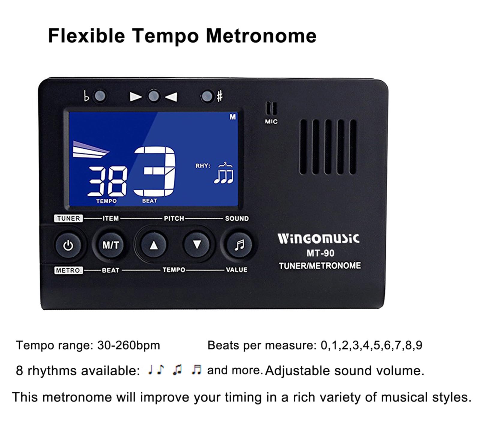 WINGO Digital Metronome, Tuner and Tone Generator - 3 in1 Device(Black)-for Chromatic, Guitar, Bass, Ukulele, Violin-Battery Included