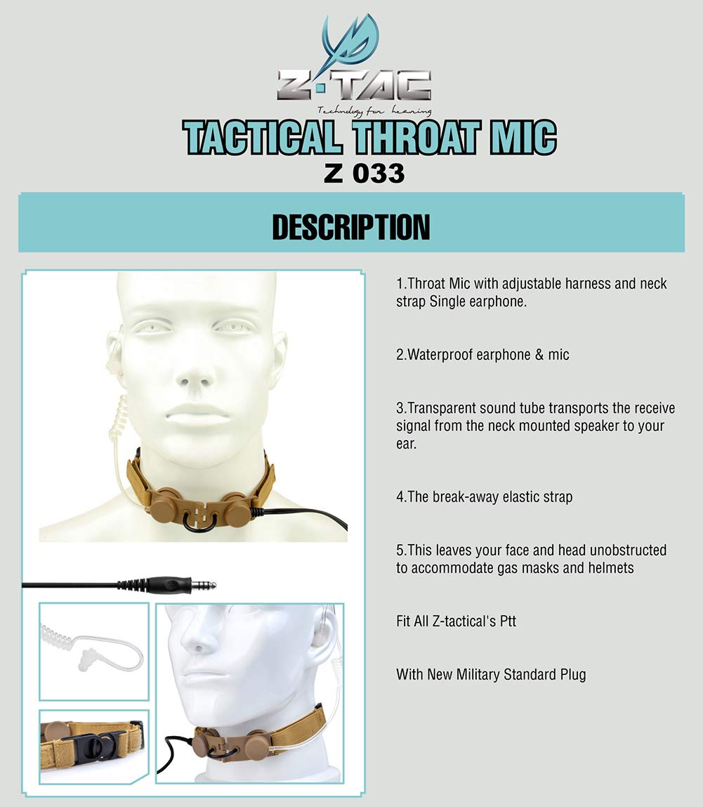 ZTAC】ThroatMic TacticalHeadset AirsoftHeadset Z033 BK