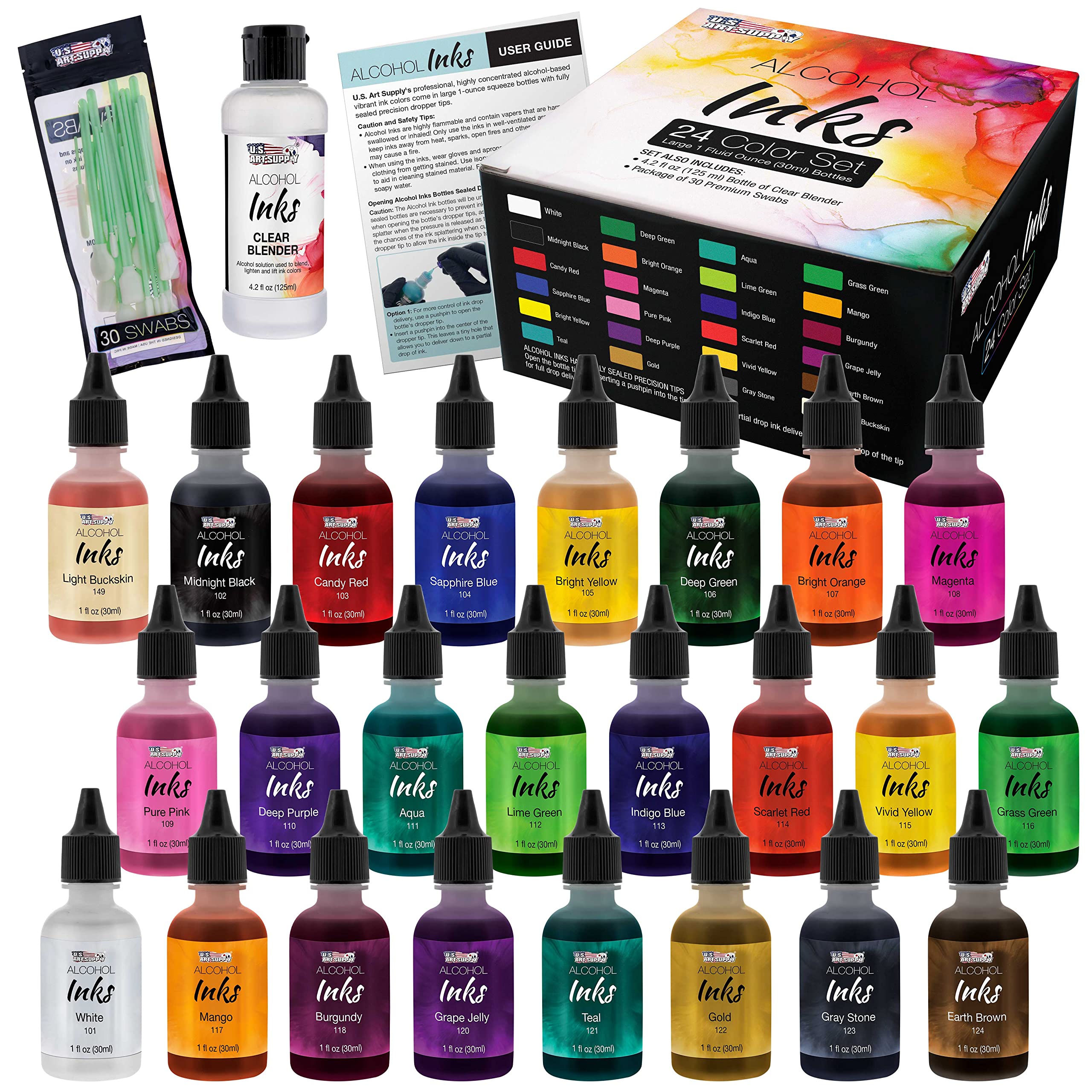 U.S. Art Supply 48 Color Alcohol Ink Set - Huge 30ml Triple Sized 1-oz Bottles - includes 4-oz Blender & 30 Swabs - Vibrant Highly Concentrated Pigment Dye Paint for Epoxy Resin Art Painting & Crafts