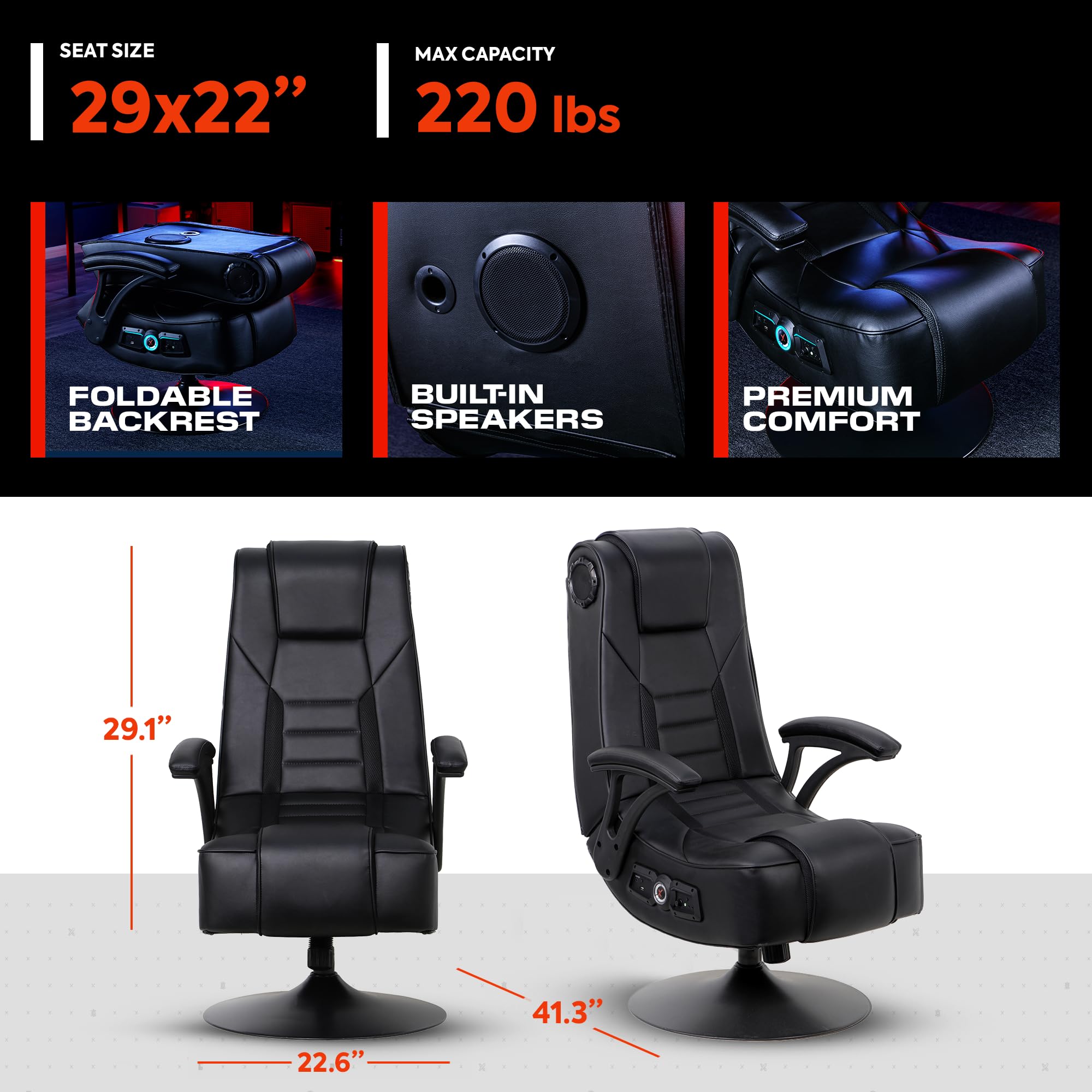 X Rocker PC Office Computer Gaming Chair Mammoth 2.1 BT Pedestal, 32.28" x 25.98" x 41.34", Black