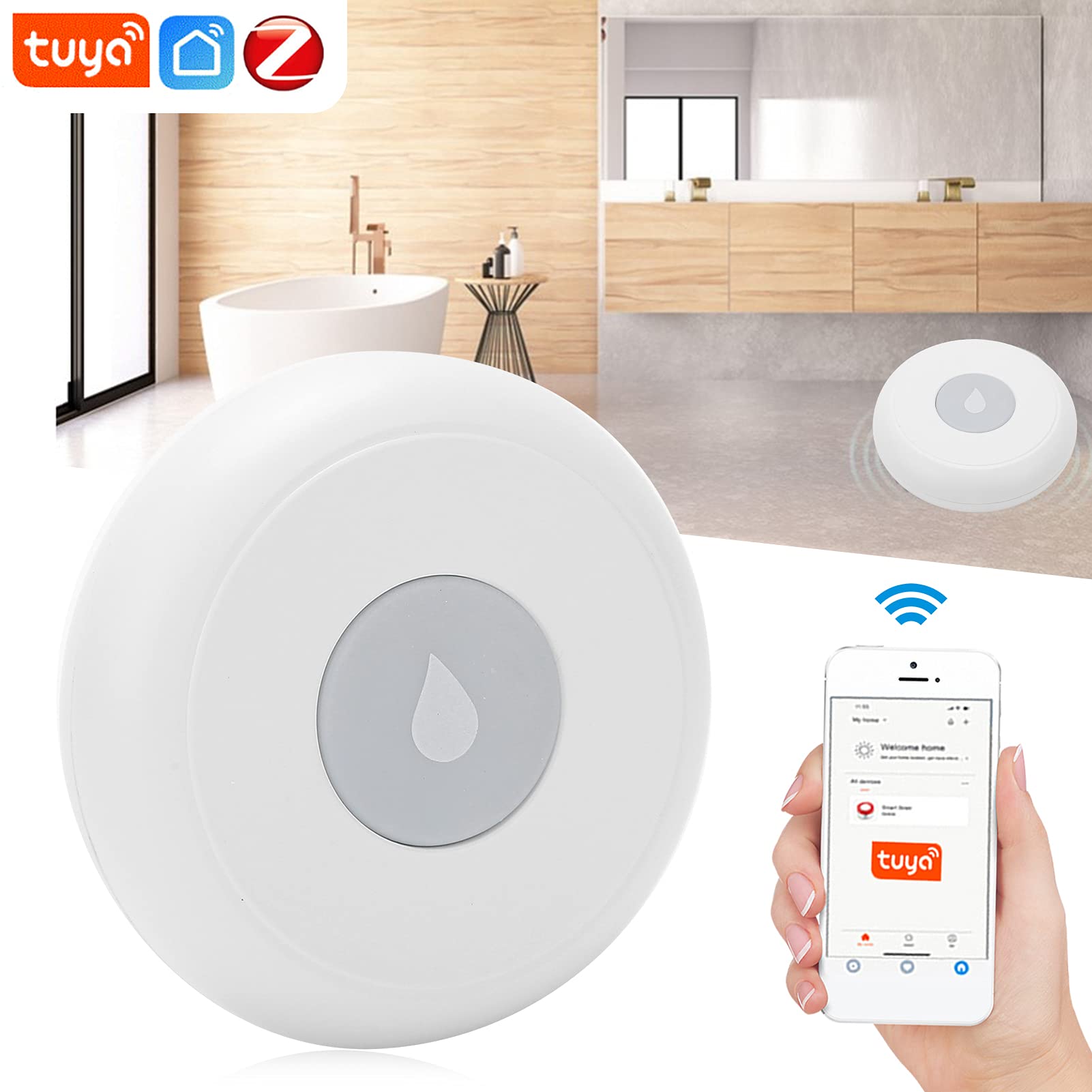 Water Leak Detector for Zigbee, Intelligent Wireless Water Alarm, Water Sensor Overflow Flood Leakage Alerts for Tuya, Linkage Alarm for Kitchen Living Room