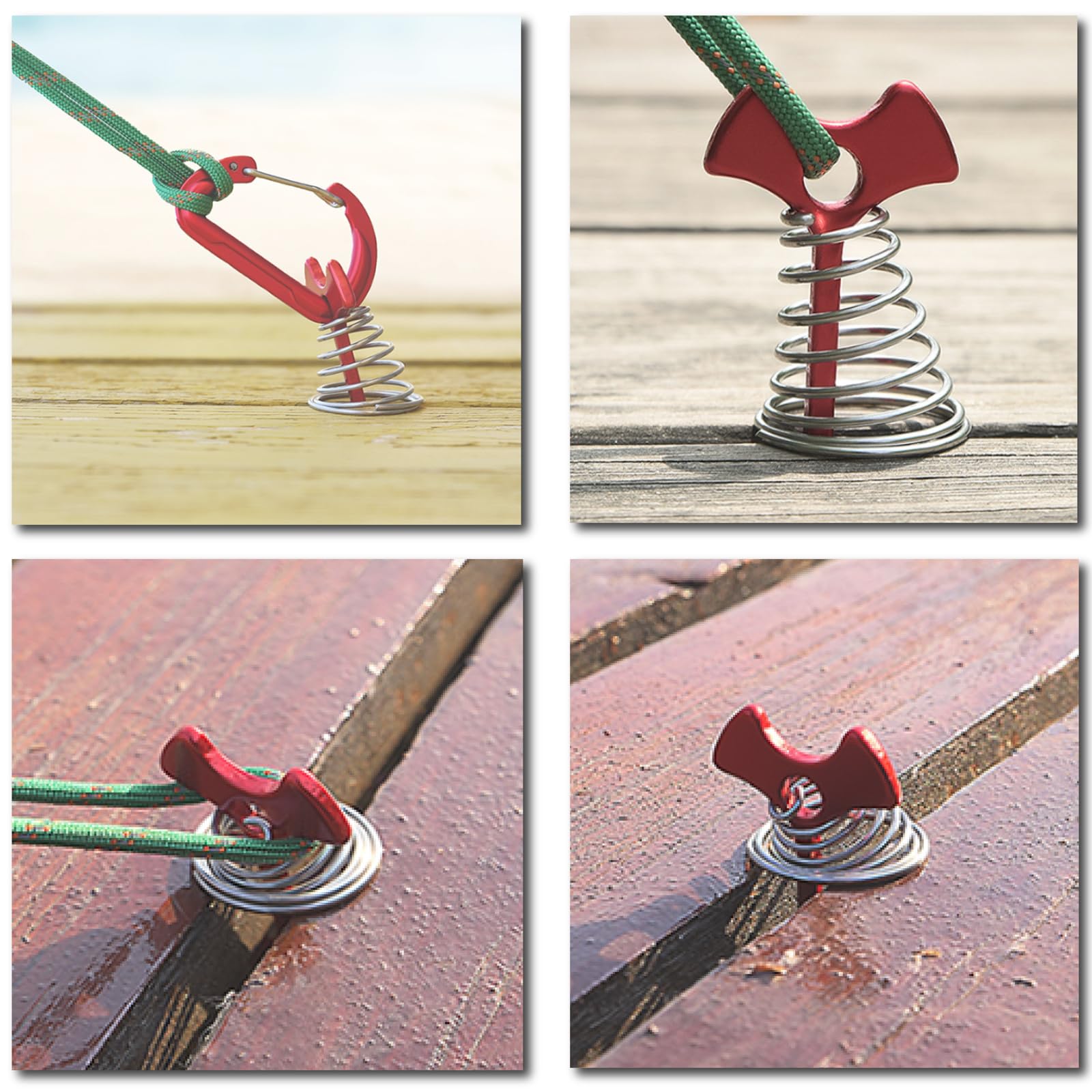 TRIWONDER 6pcs Deck Plank Board Tent Stakes Aluminum Spring Anchor Fishbone Guyline Cord Adjuster Tent Pegs with Carabiners for Outdoor Camping Hiking (Red Spring Nails + Carabiners)