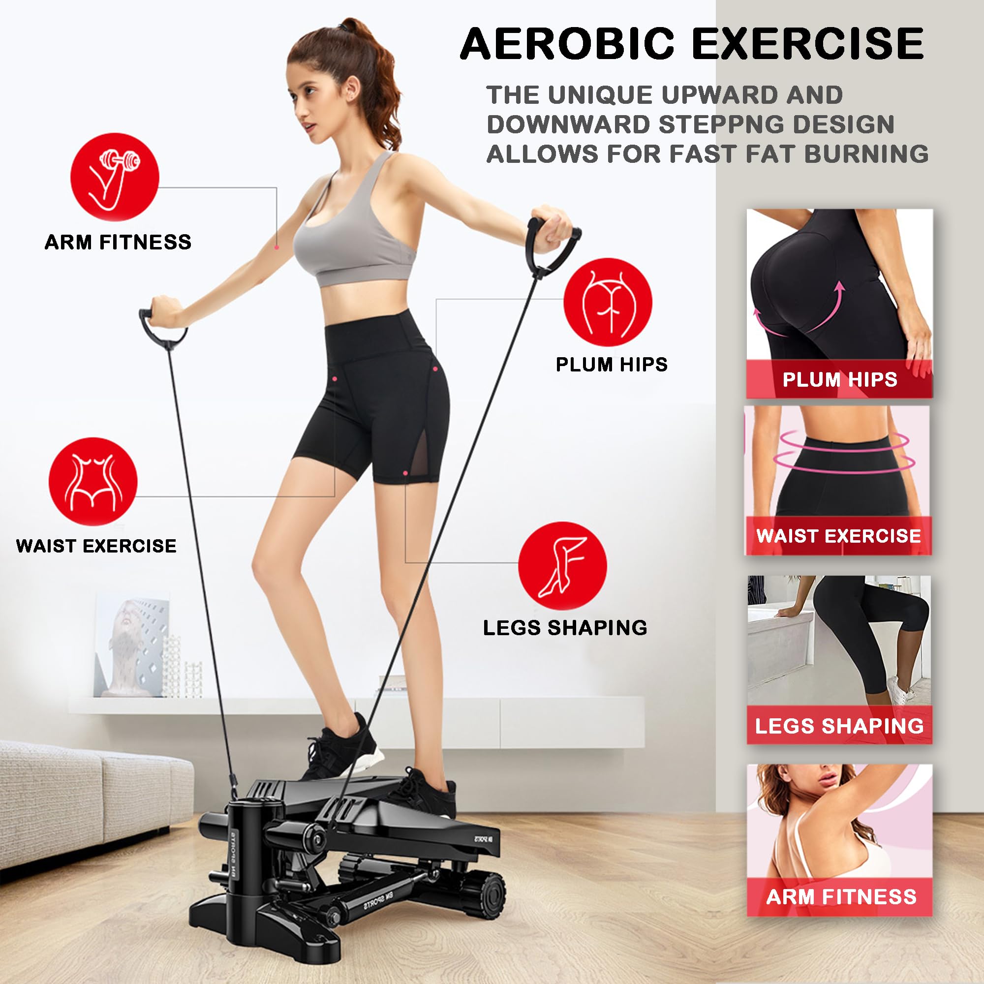 Steppers for Exercise, Mini Stair Stepper with Resistance Bands & Calories Count, 330lbs Weight Capacity Quiet Fitness Stepper for Home Office Workout, Legs Arm Full Body Training (Grey)